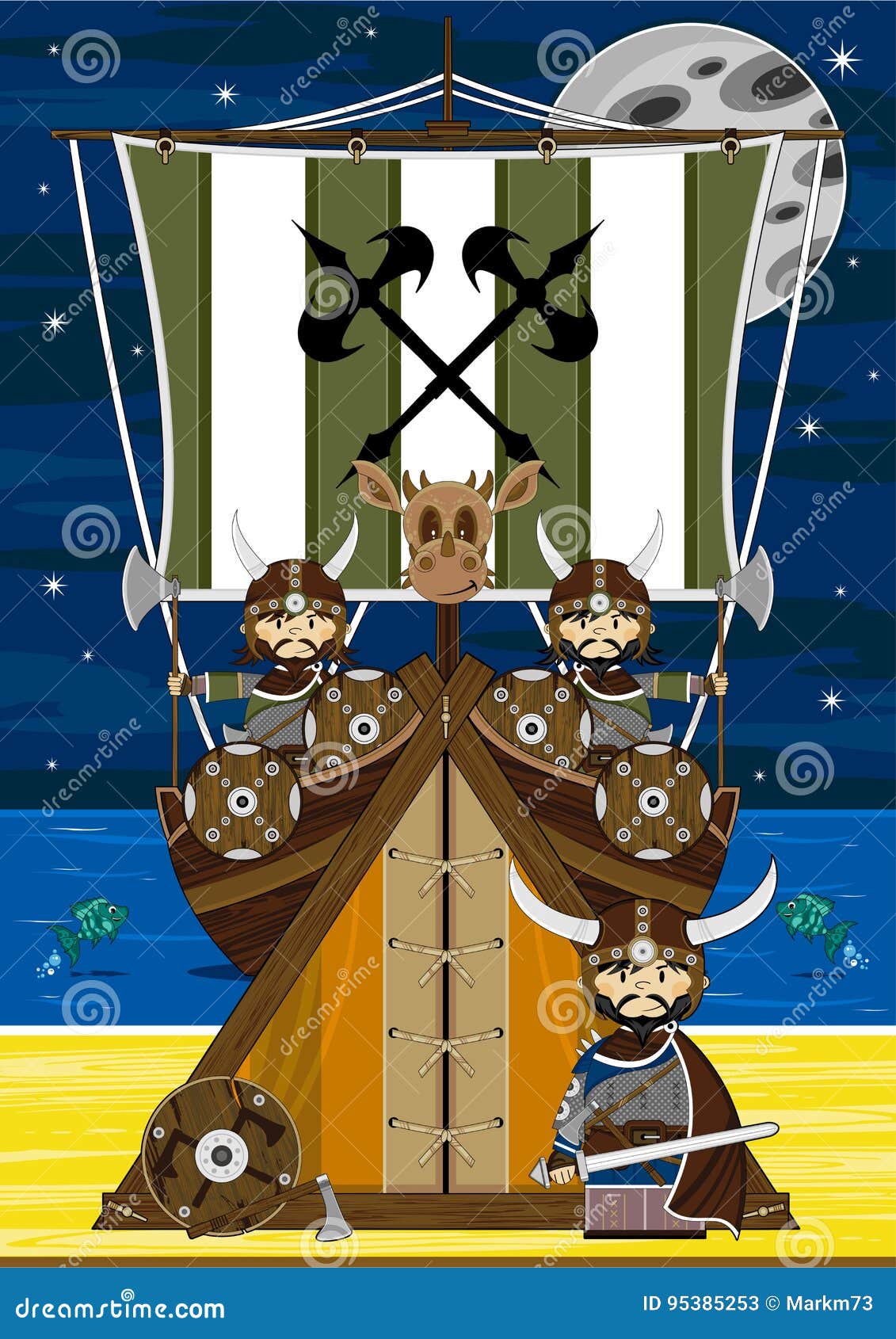 Cartoon Vikings and Longship Stock Vector - Illustration of ship, mast ...