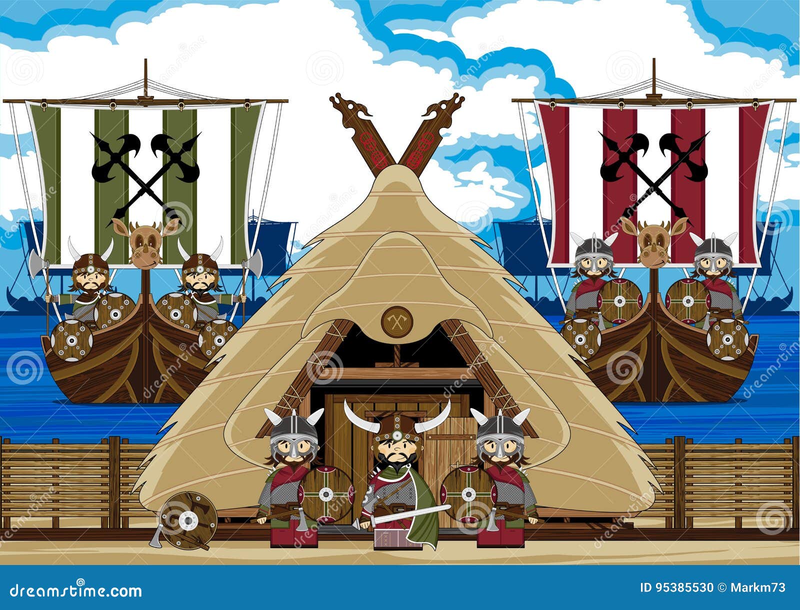 Cartoon Vikings and Longship Stock Vector - Illustration of weapons ...