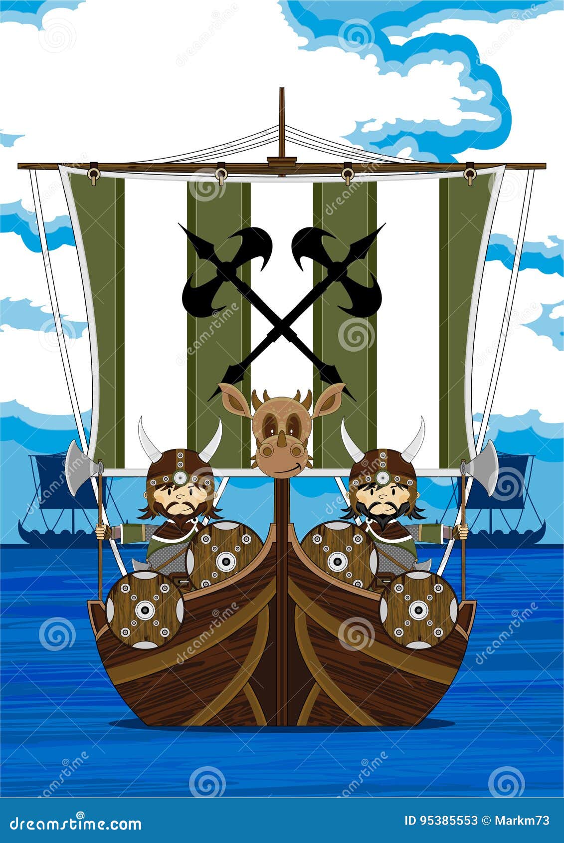 Cartoon Vikings and Longship Stock Vector - Illustration of sails ...