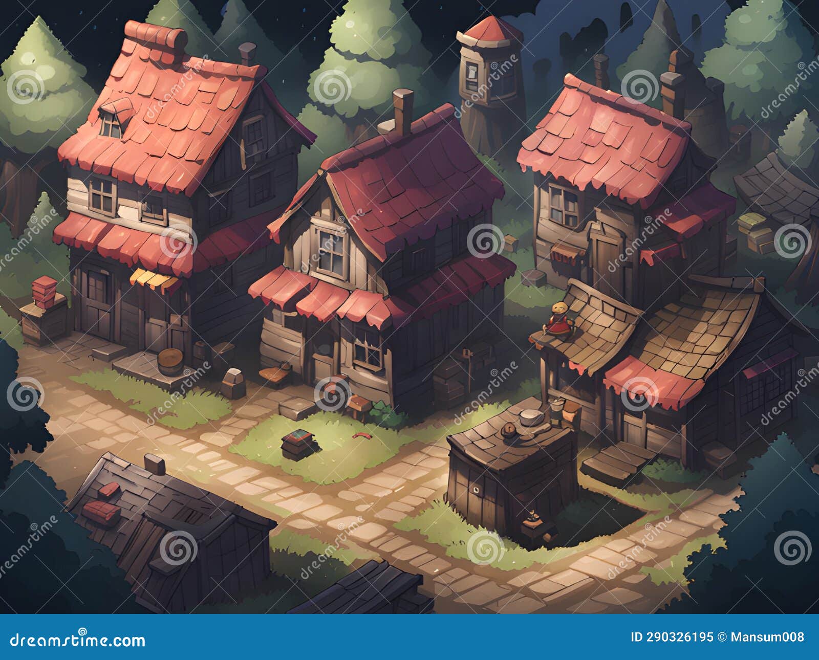 Cartoon Village in Forest, Illustration, Ai Generated Stock ...