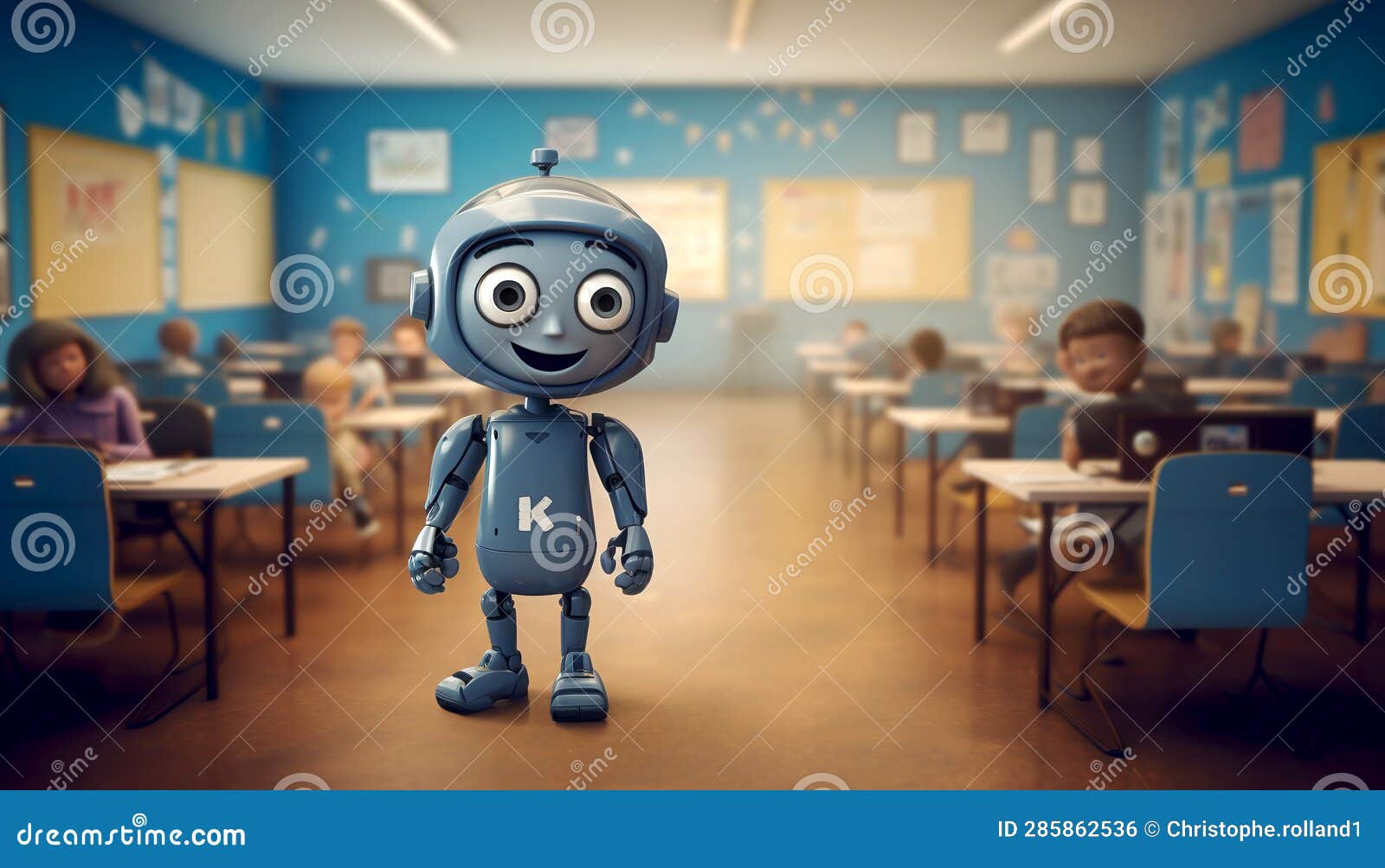 A Cartoon Vintage Robot Standing in Front of a Classroom - Generative ...