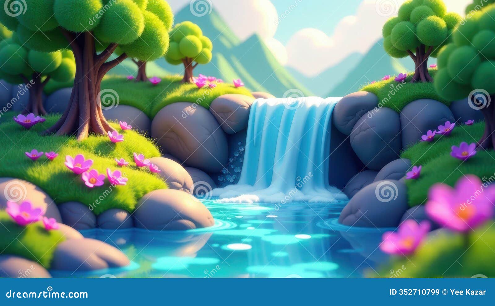 Cartoon Waterfall in a Lush Green Landscape Stock Illustration ...