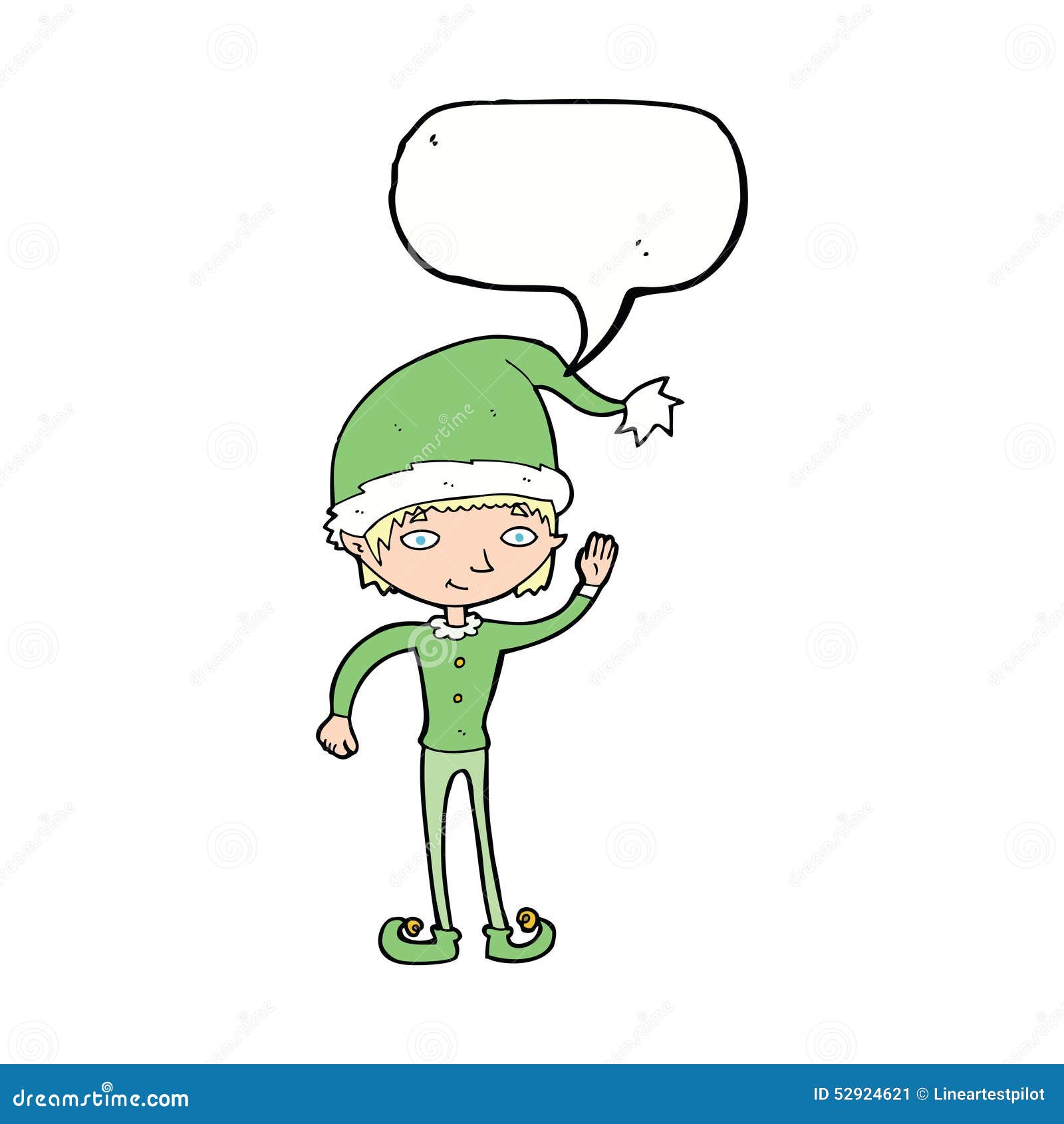 Cartoon Waving Christmas Elf with Speech Bubble Stock Illustration ...
