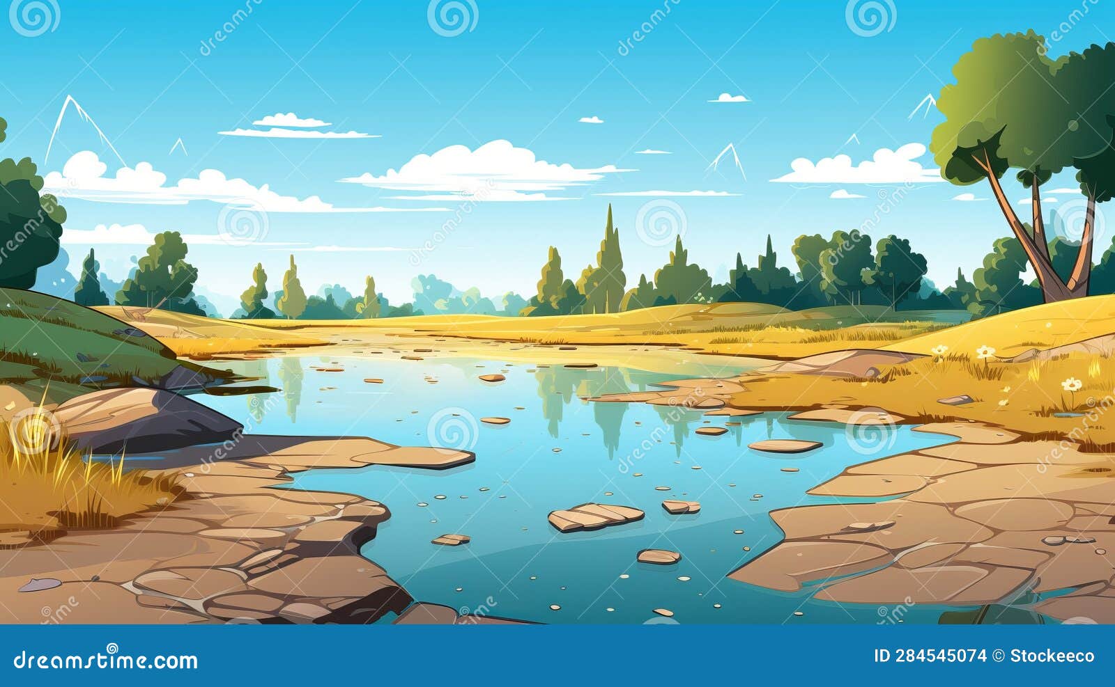 Cartoon Wetland: Reflective Water, Trees, and Rocks Stock Illustration ...