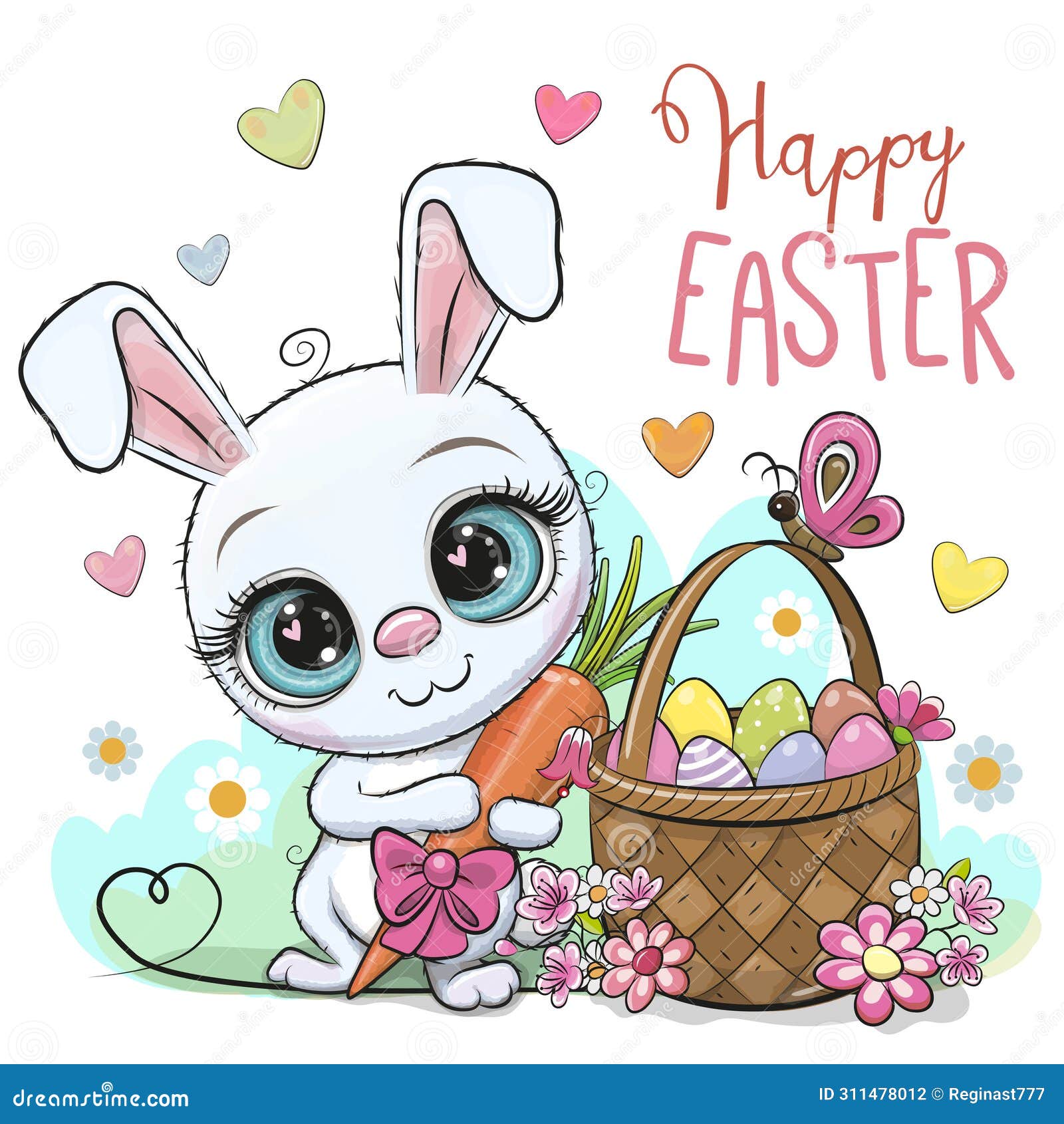 Cartoon White Bunny with a Basket of Easter Eggs Stock Vector ...