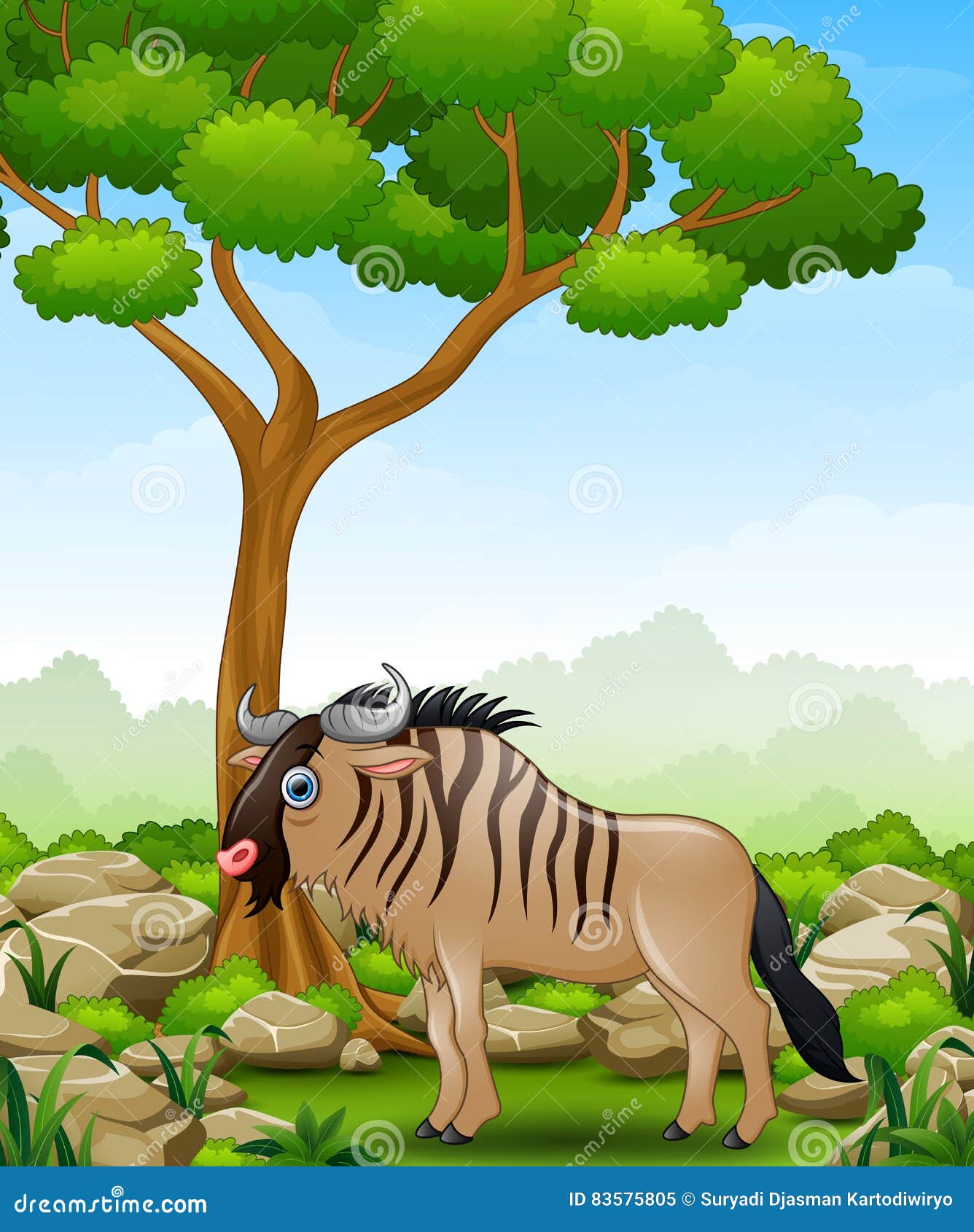 Cartoon Wildebeest Mascot in the Jungle Stock Vector - Illustration of ...