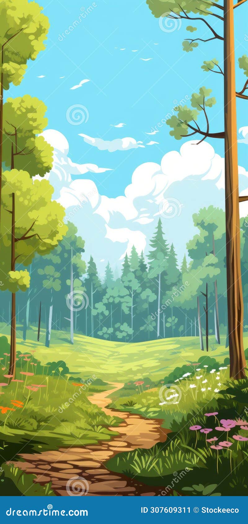 Cartoon Wilderness of Pine Trees with Flower Path in the Forest Stock ...
