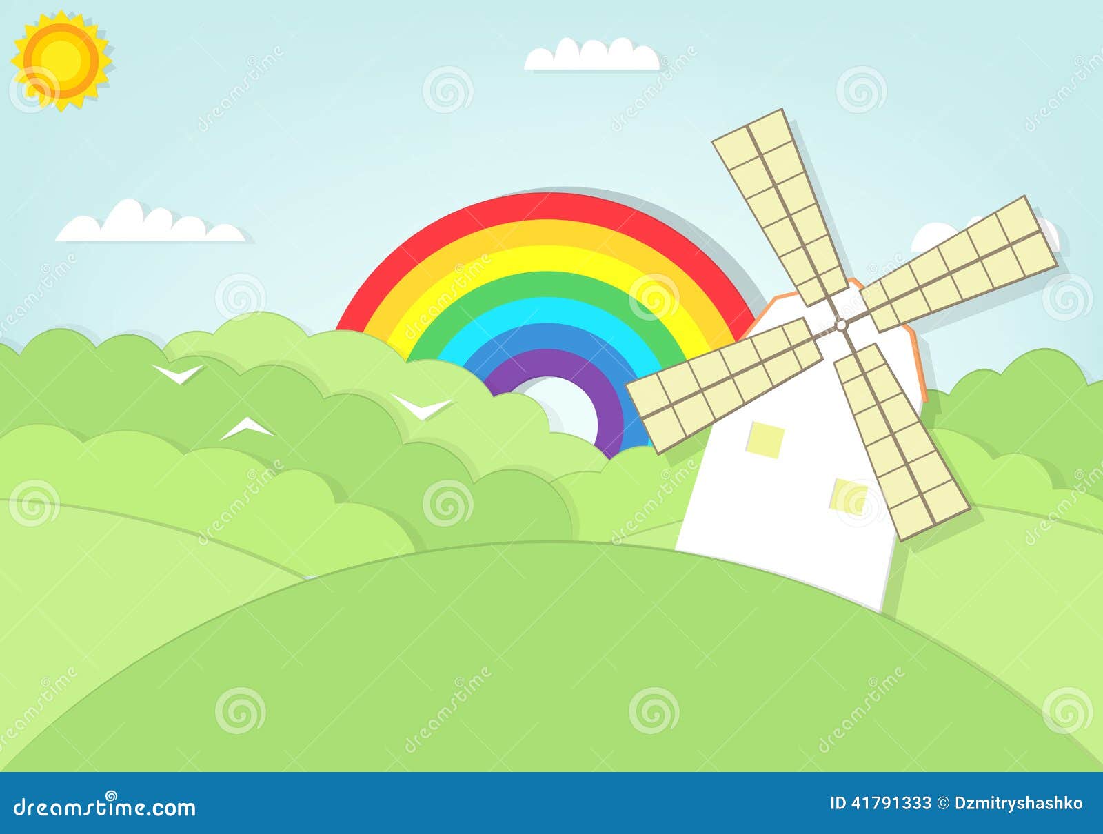 Cartoon Windmill in Grass Field Stock Vector - Illustration of foliage ...