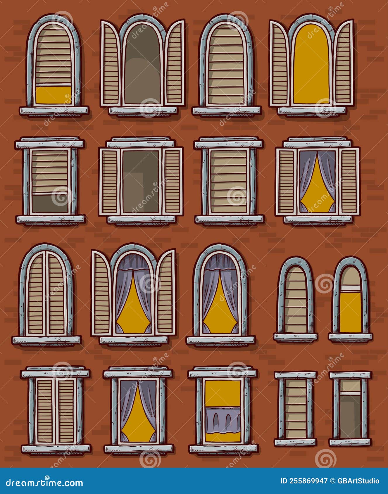 Cartoon Windows with Open Shutters and Curtains Stock Vector ...