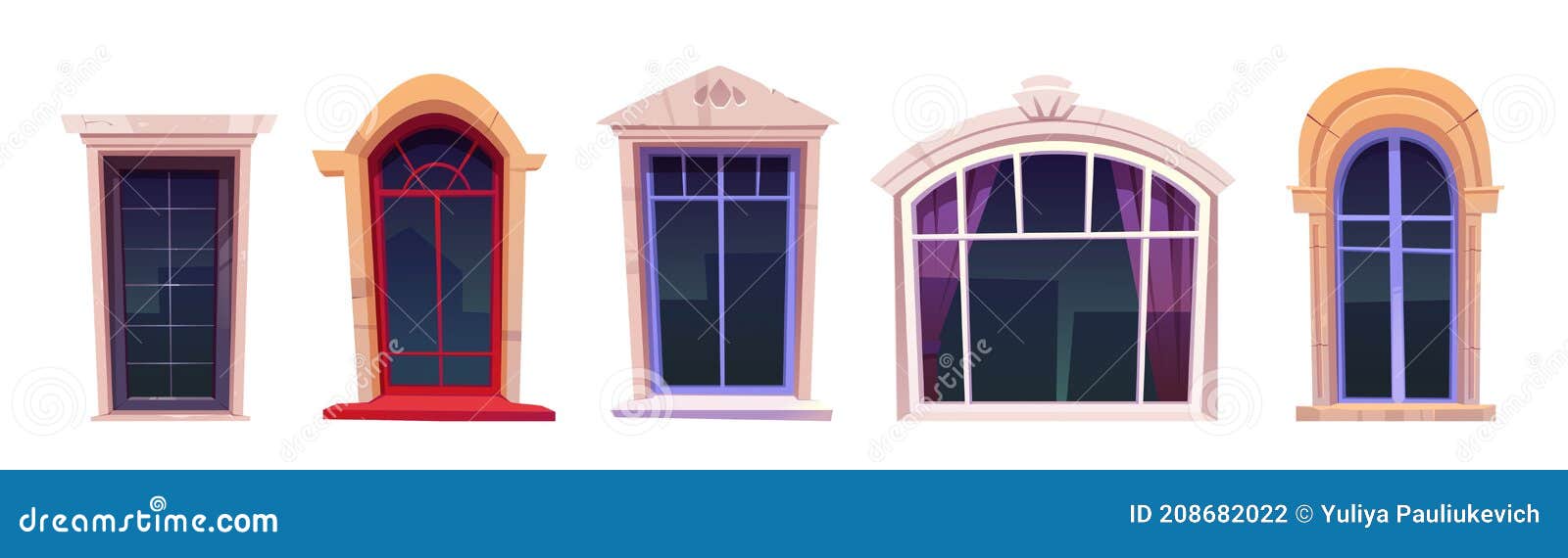 Cartoon Windows Set, Glasses With Stone Frames Vector Illustration ...