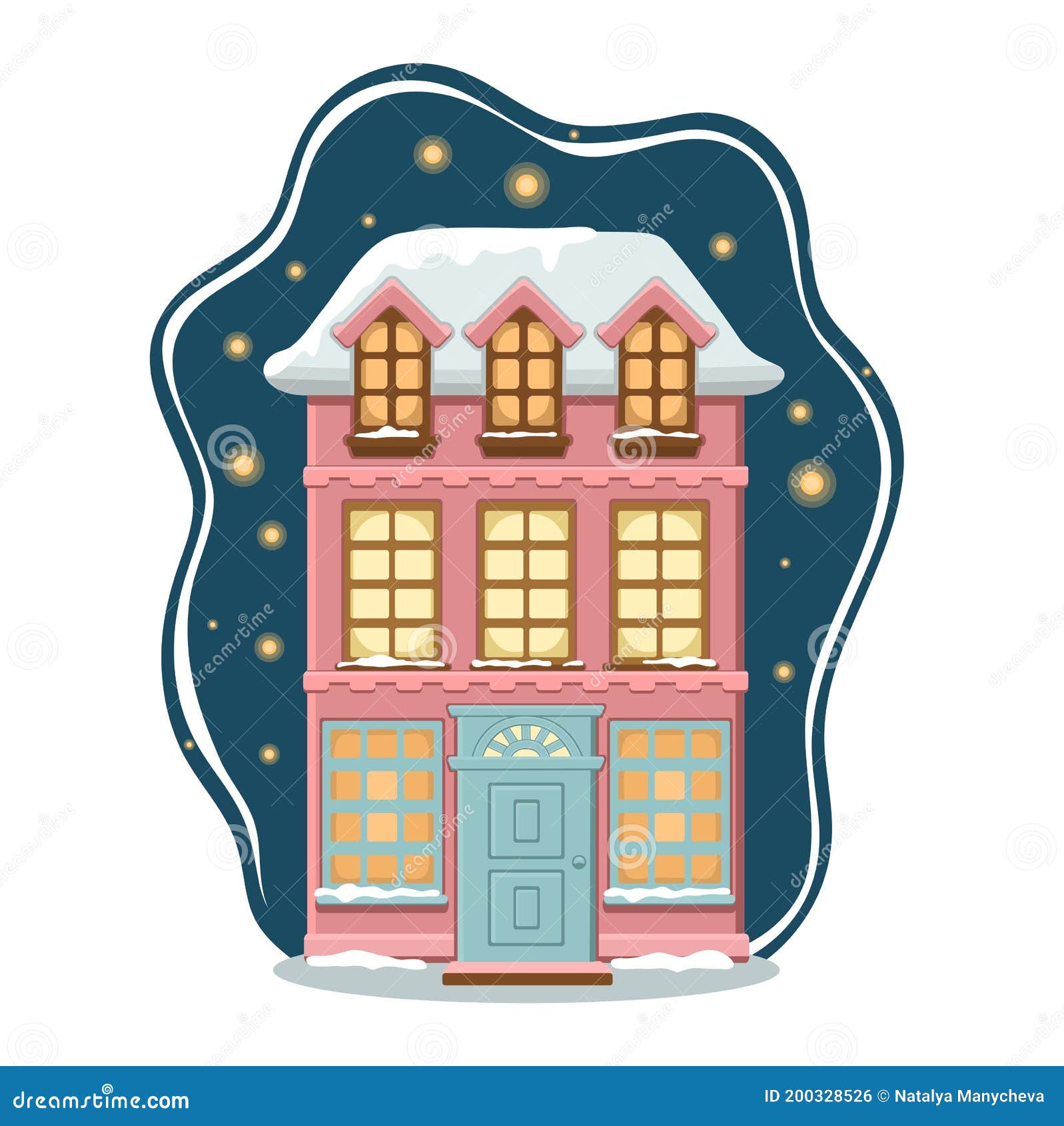Cartoon Winter House Covered With Snow On Night Background. Vector ...