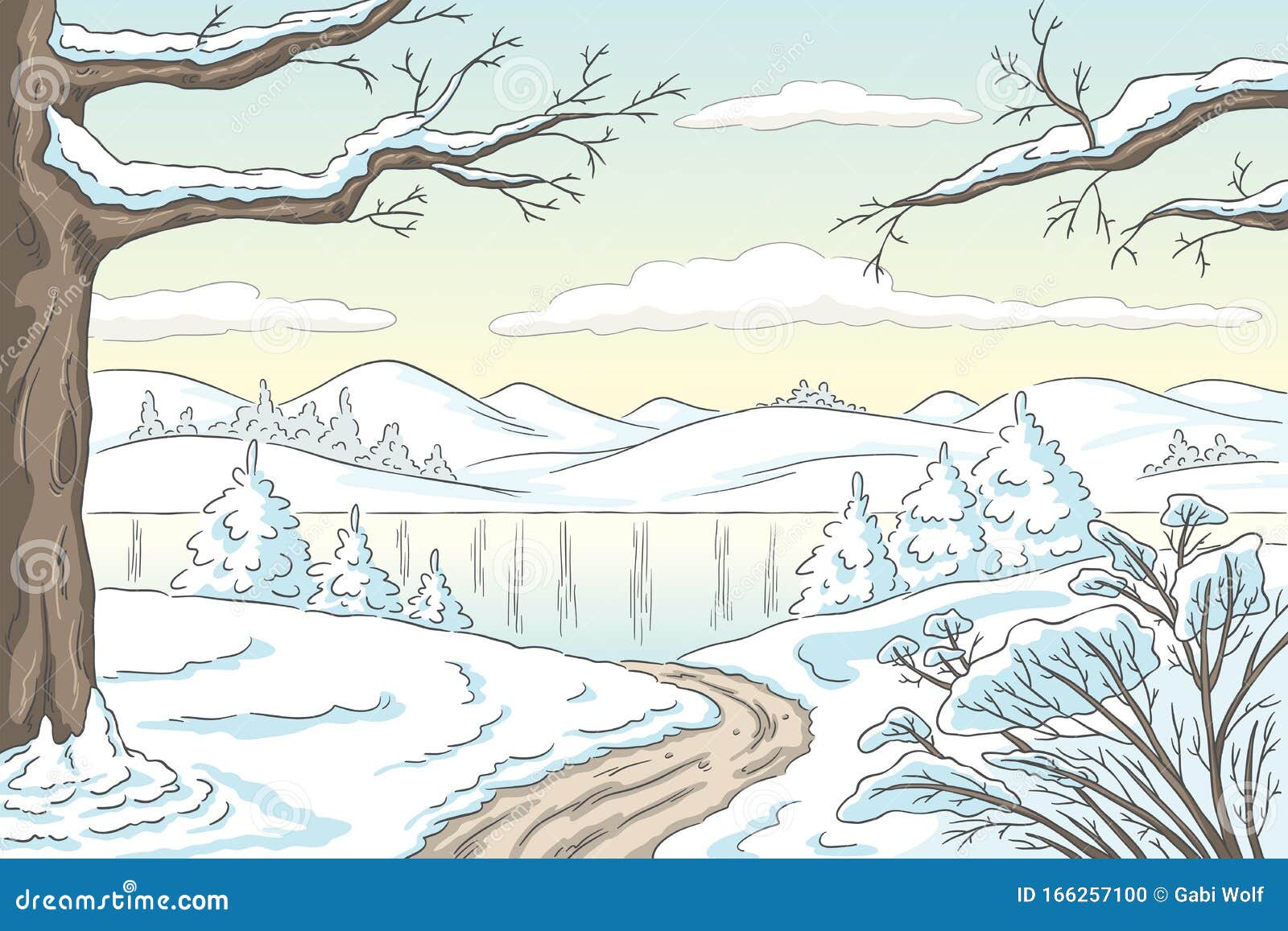 Cartoon Winter Landscape stock vector. Illustration of cold - 166257100