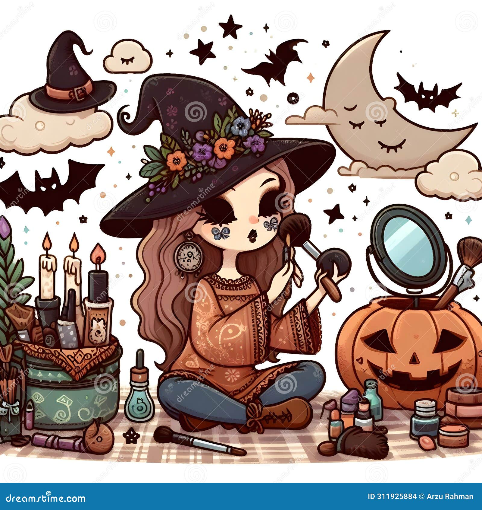 Cartoon witch doing makeup stock illustration. Illustration of sign ...