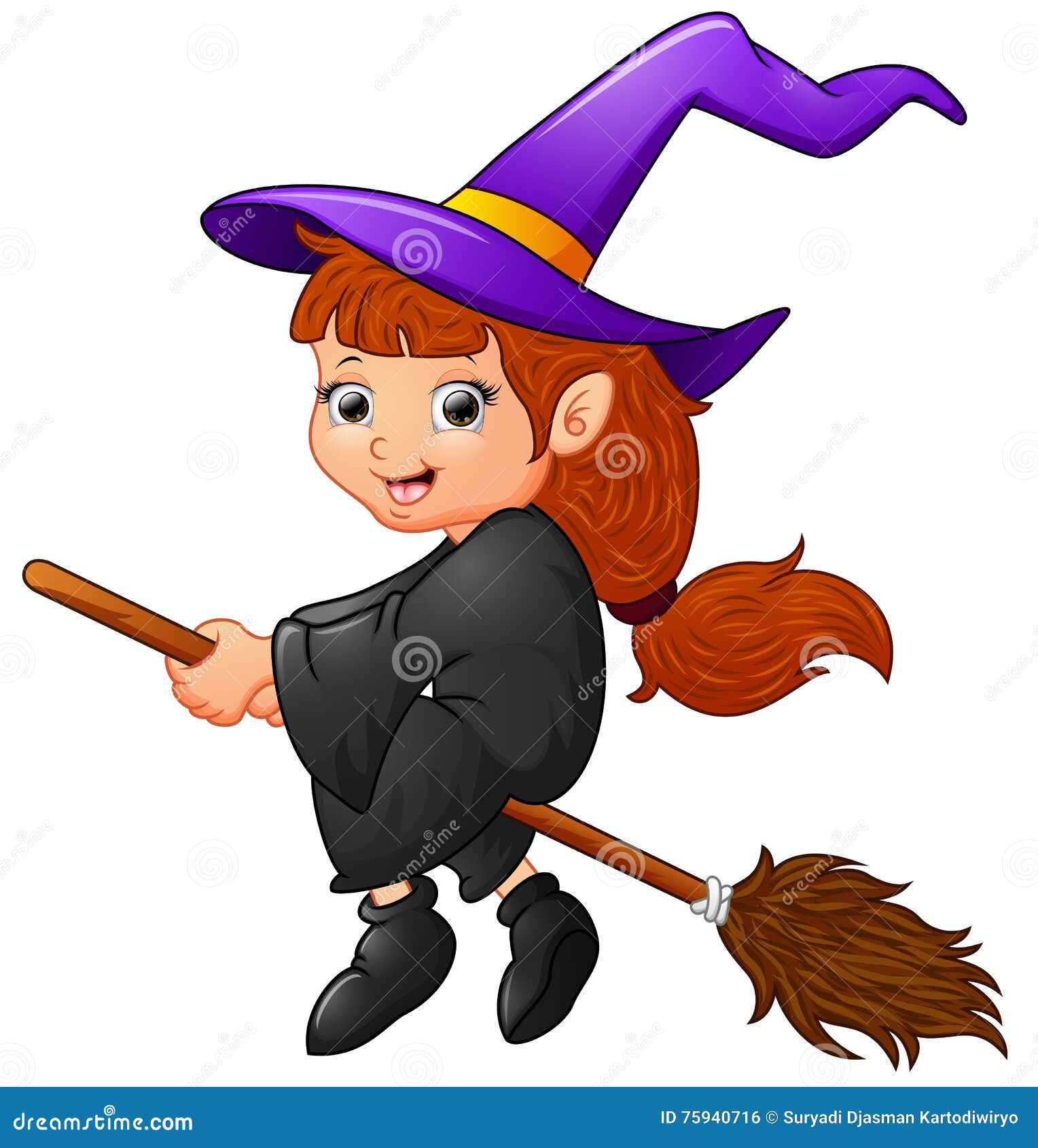 Cartoon Of A Witch Flying With Her Broom During Full Moon Vector ...