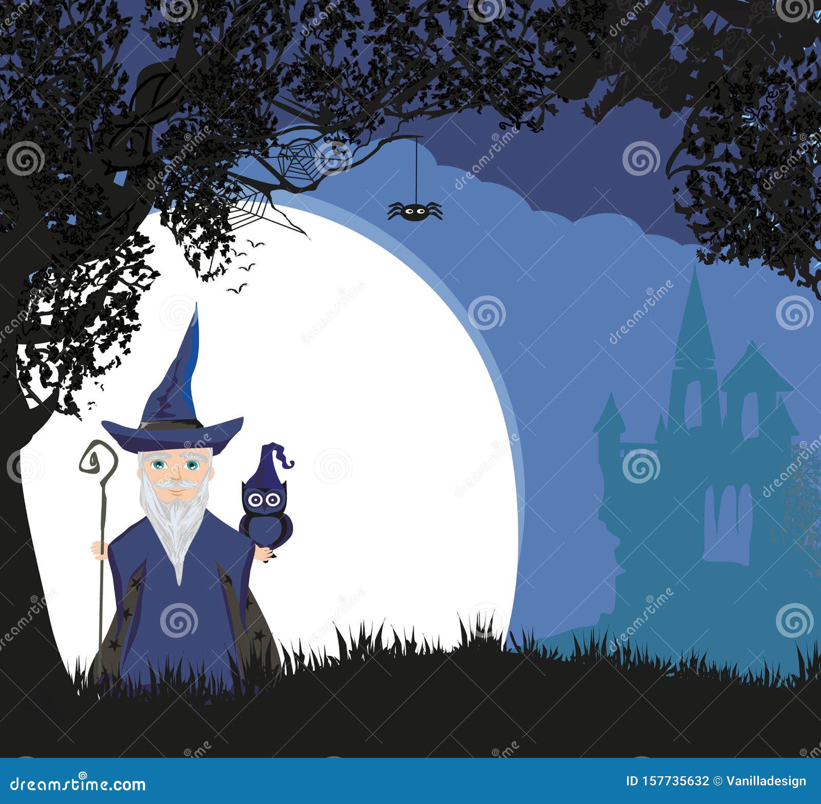 Cartoon Wizard with owl stock vector. Illustration of mustache - 157735632