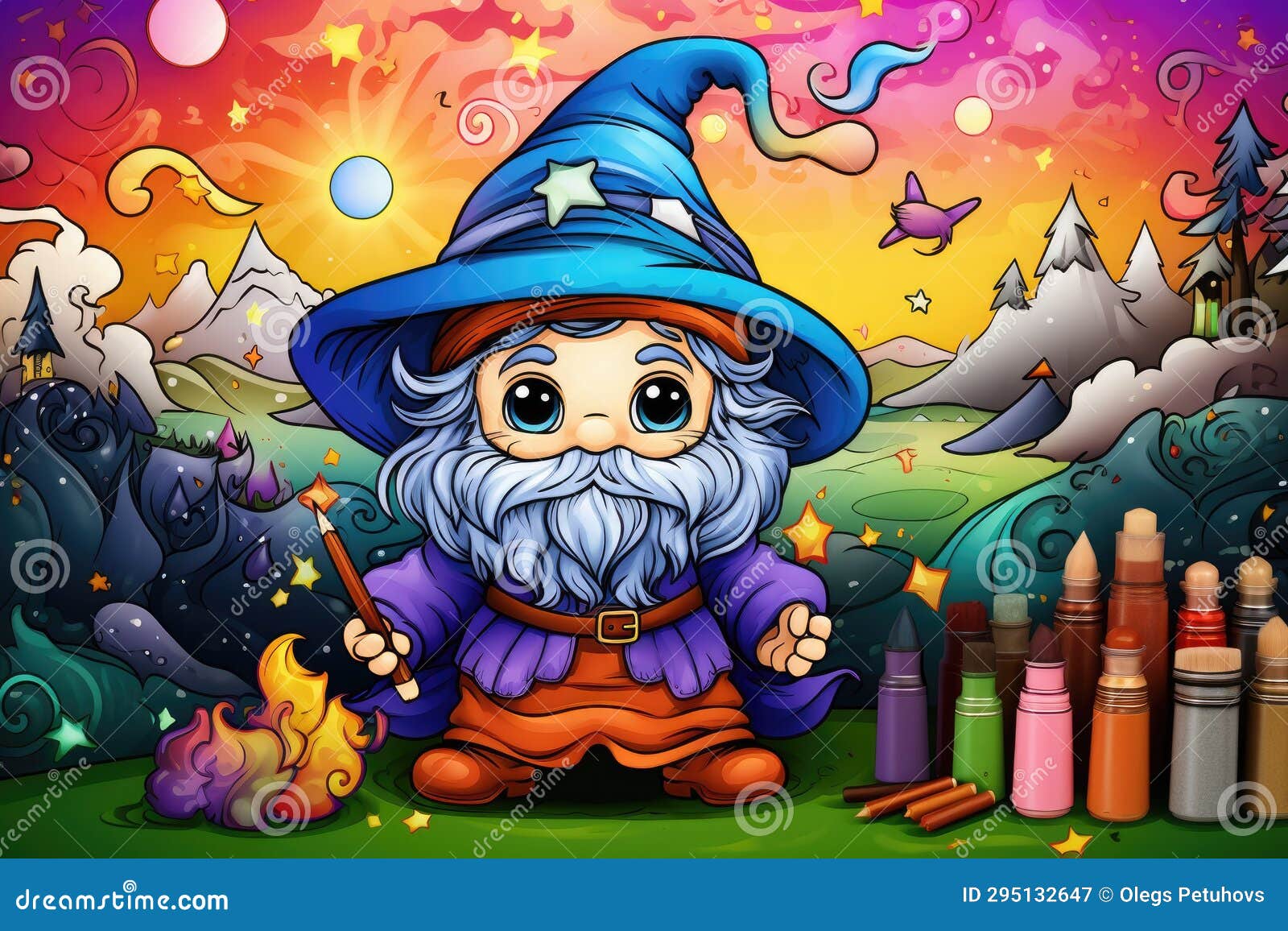 A Cartoon Wizard Sitting on the Ground Surrounded by Crayons ...