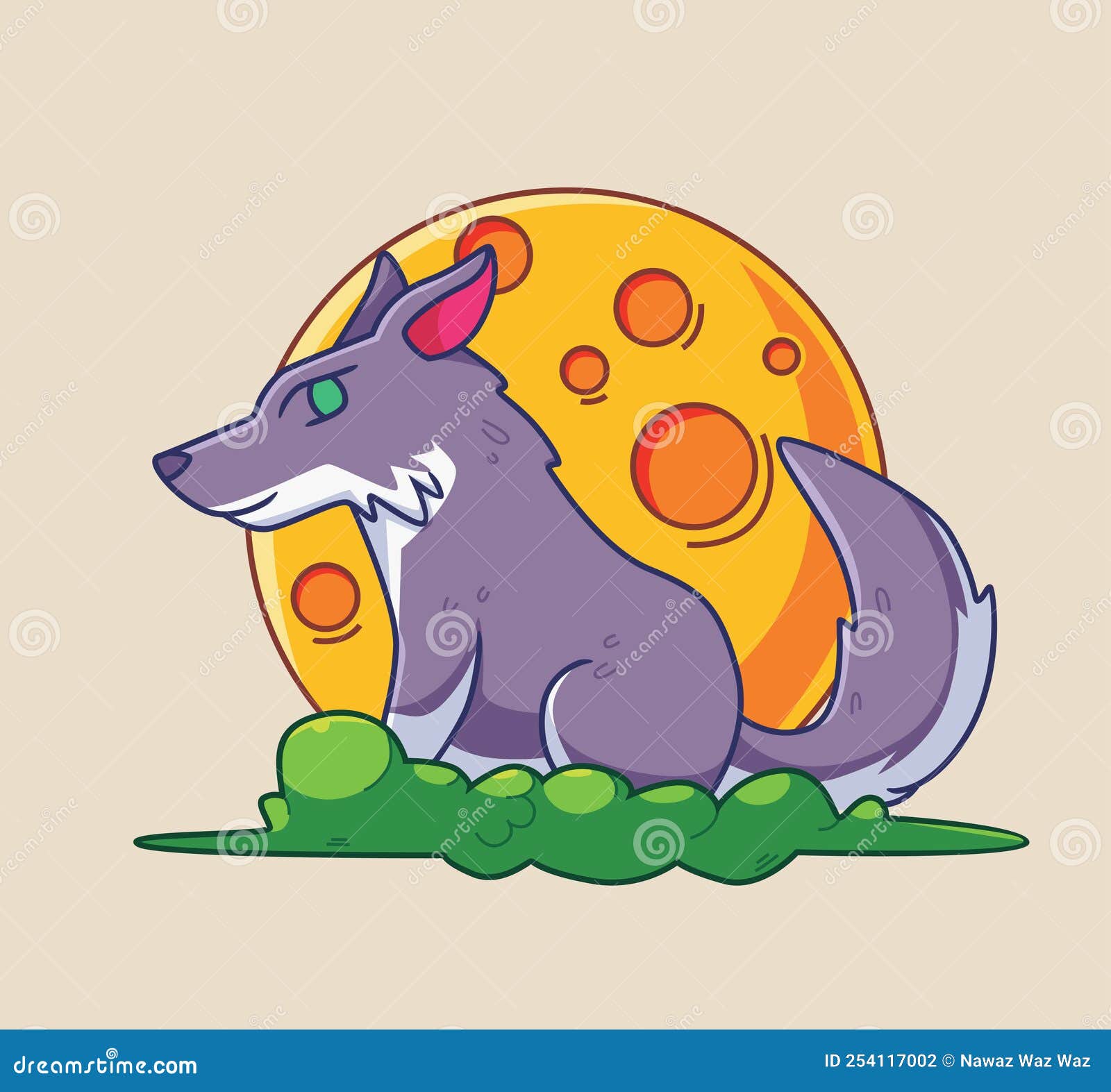 Cartoon Wolf Sitting in Moon. Isolated Animal Illustration. Flat Style ... Cartoon Wolf Sitting in Moon. Isolated Animal Illustration. Flat Style ...