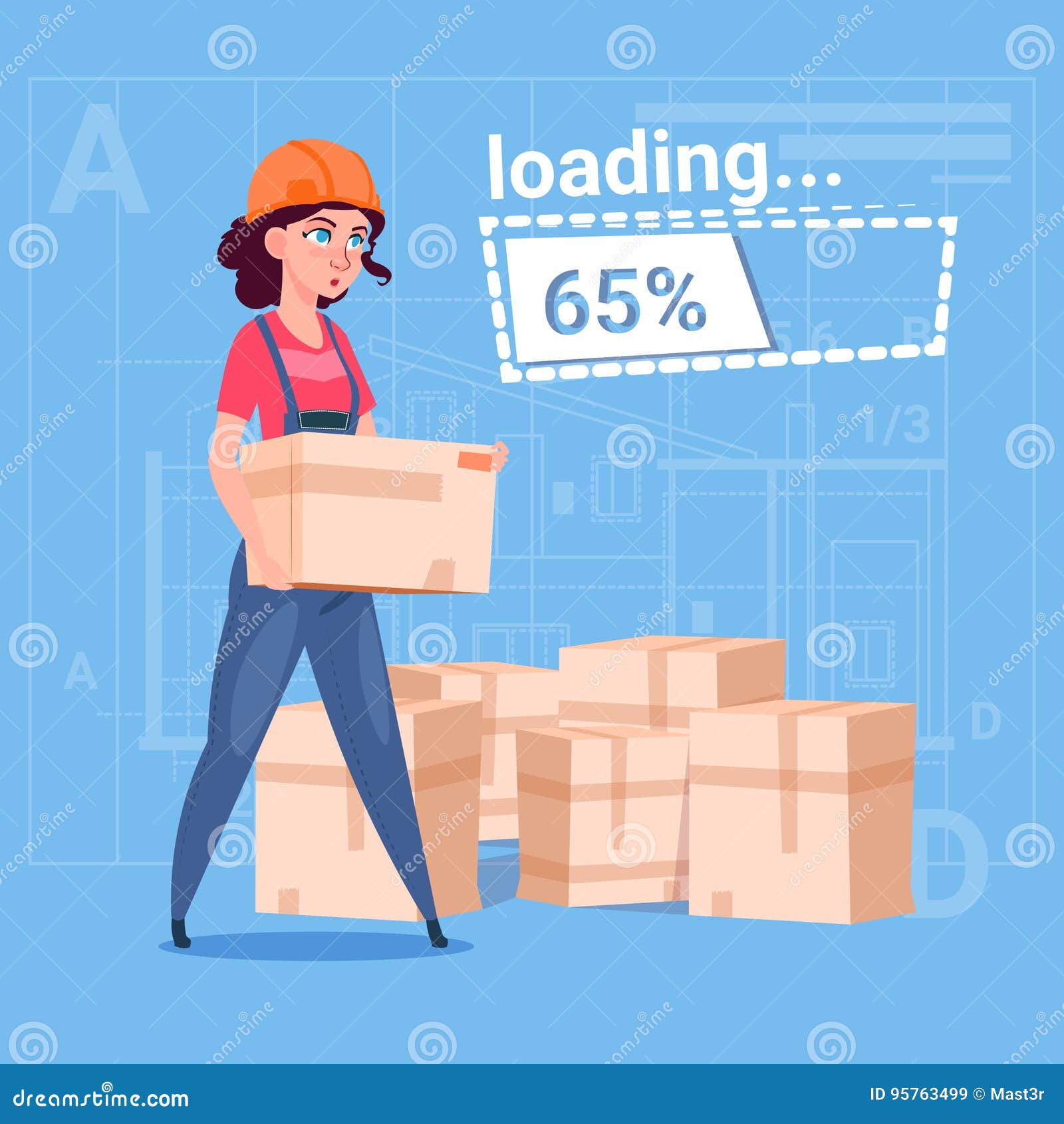 Cartoon Woman Builder Carry Boxes Over Abstract Plan Background Female ...