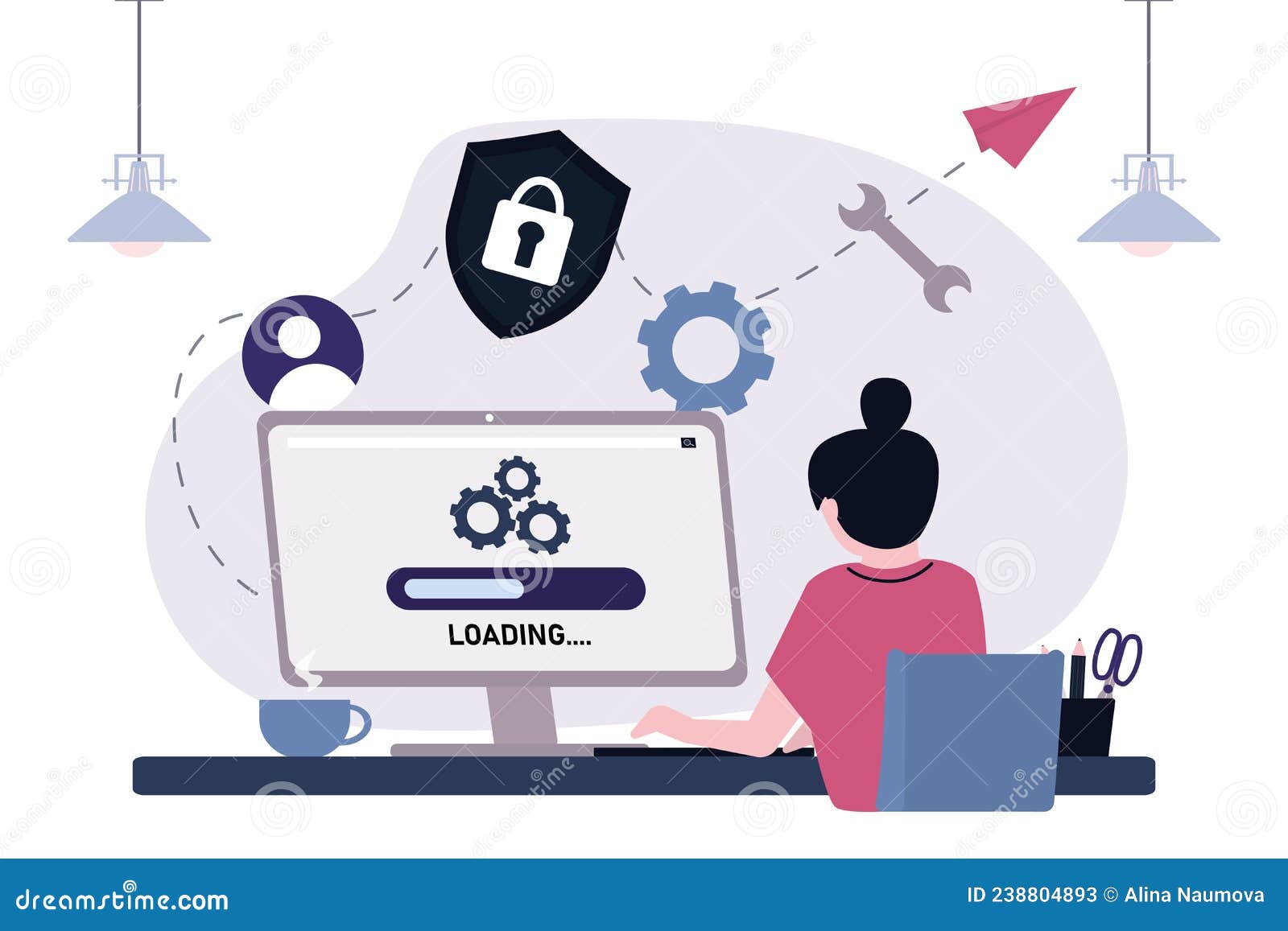 Cartoon Woman in Front of Computer with System Update. Female Character ...