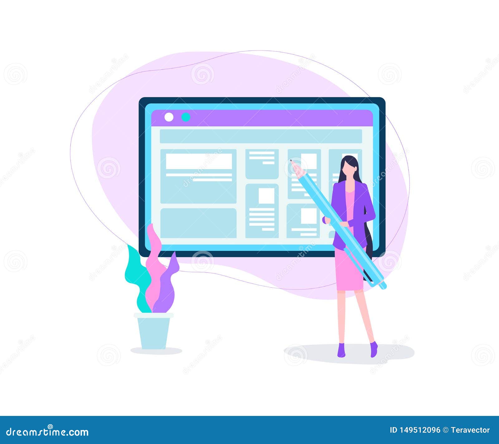 Cartoon Woman Hold Pen Computer Screen Blog Post Stock Vector ...