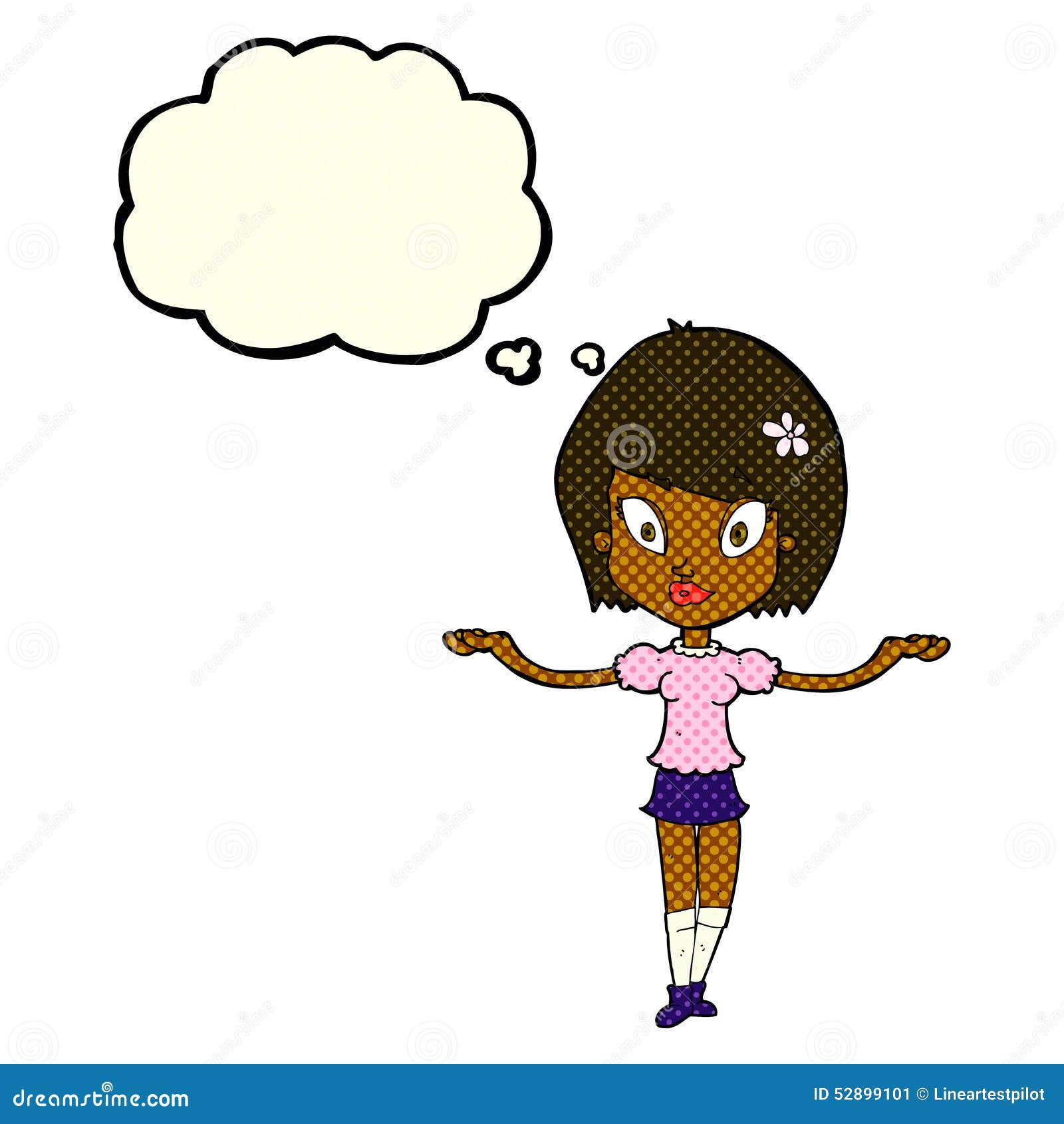 Cartoon Woman Making Balancing Gesture with Thought Bubble Stock ...