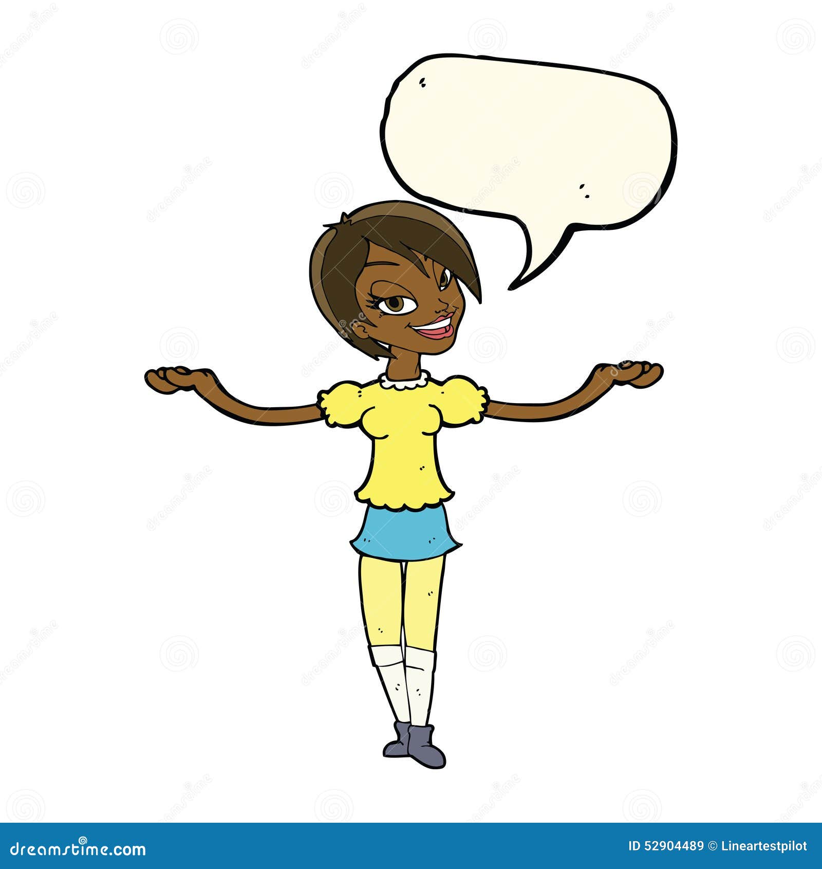 Cartoon Woman Making Open Arm Gesture with Speech Bubble Stock ...