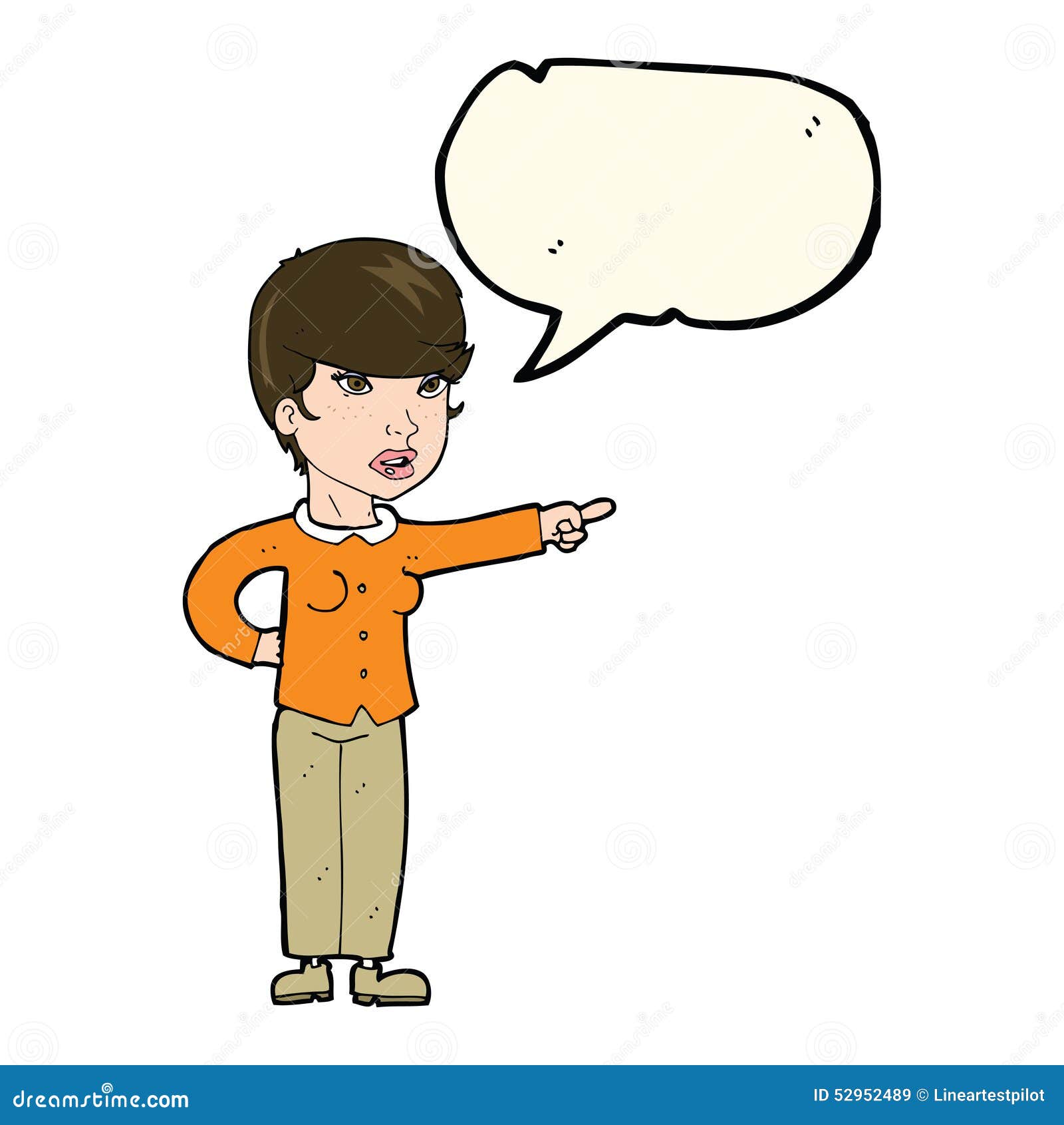 Cartoon Woman Pointing Finger of Blame with Speech Bubble Stock ...
