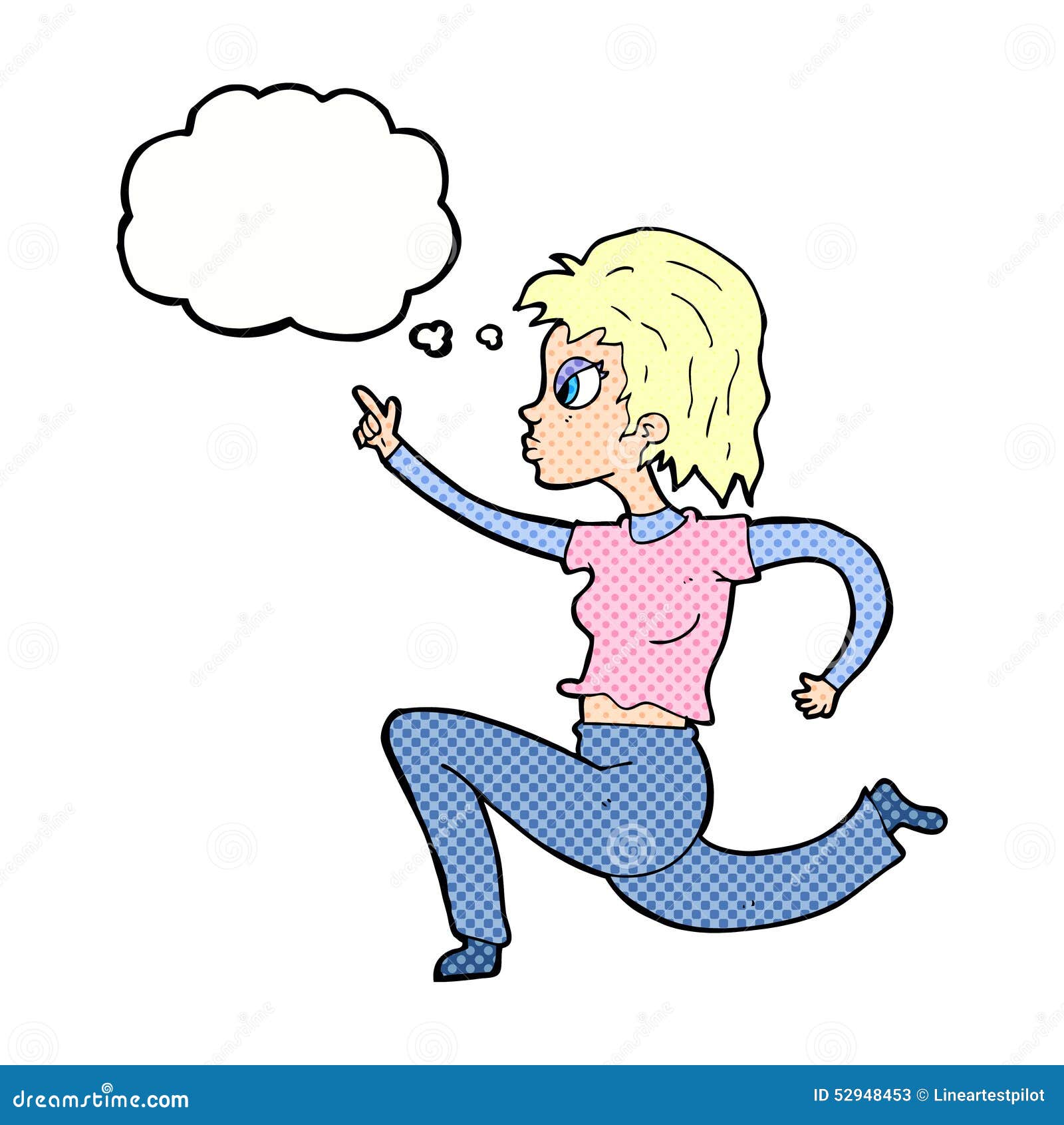 Cartoon Woman Running and Pointing with Thought Bubble Stock ...