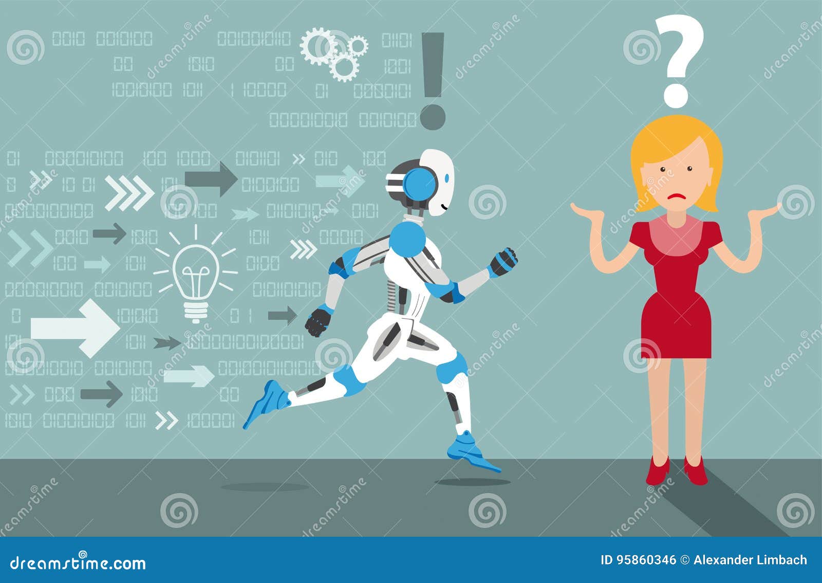 Cartoon Woman Running Robot Data Arrows Stock Vector - Illustration of ...