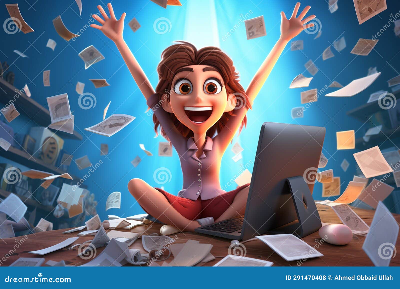 Cartoon Woman S Joyful Workspace Stock Photo - Image of technology ...