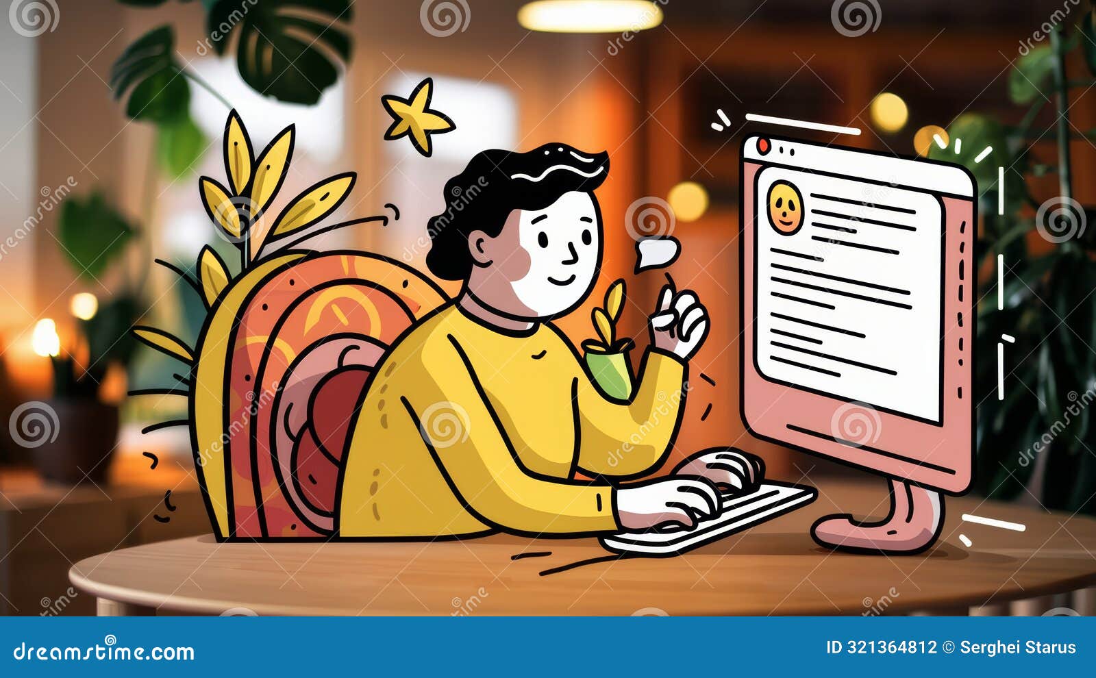 A Cartoon Woman Sitting at a Computer with Smiley Face, AI Stock Photo ...