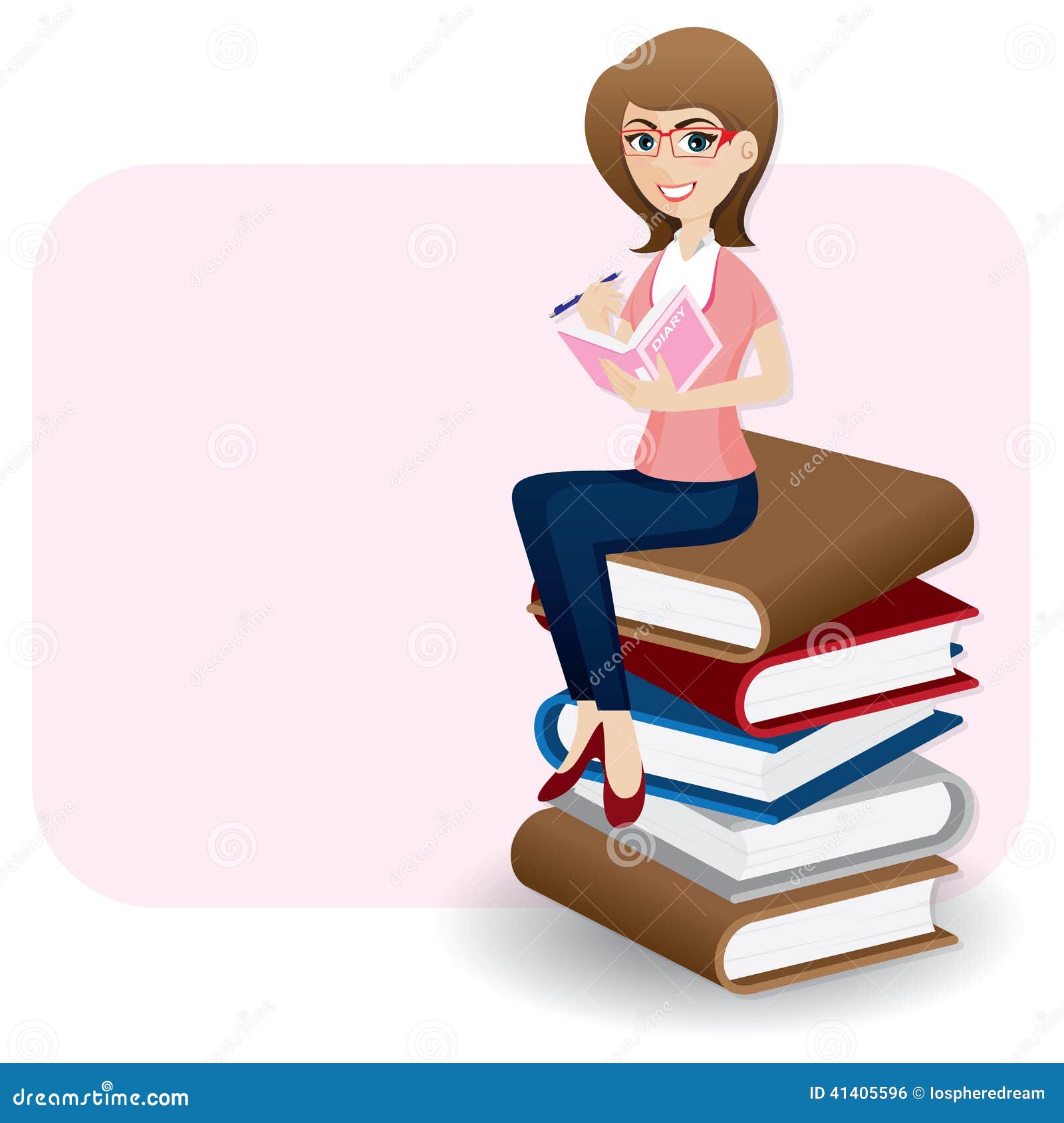 Cartoon Woman Writing Diary on Stack of Book Stock Vector ...