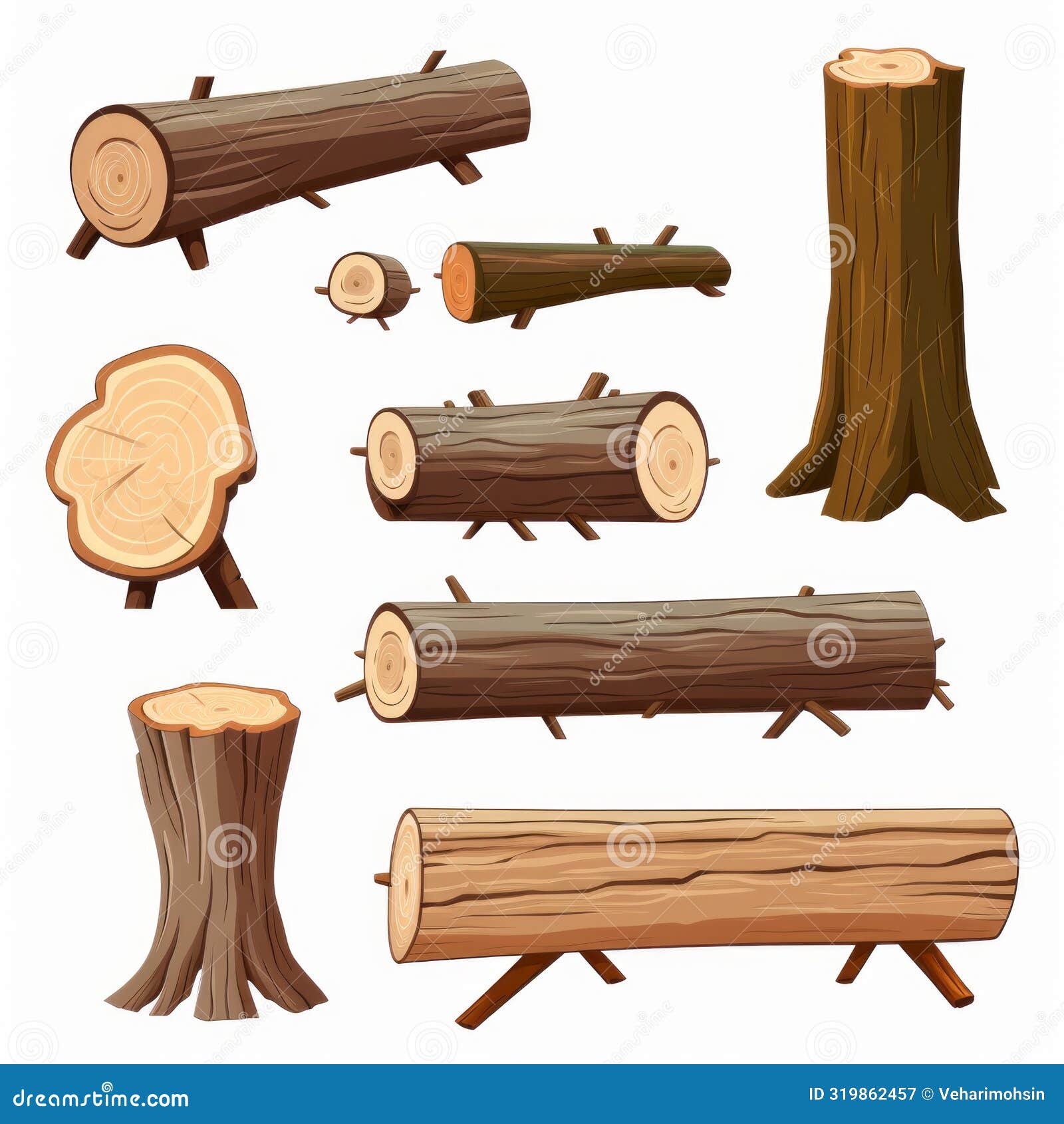 Cartoon Wood Logs and Trunks Collection, Vector Illustration Stock ...