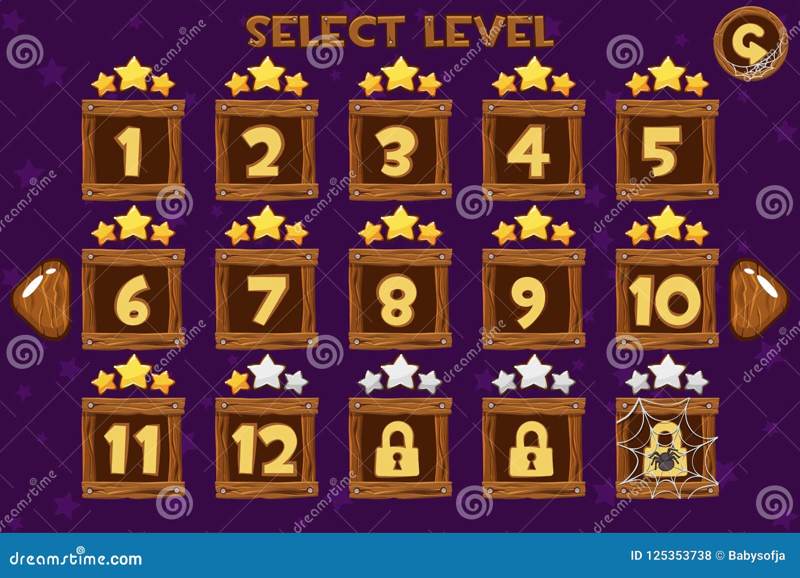 Cartoon Wooden Level Selection Screen. Game Ui Set Stock Vector ...