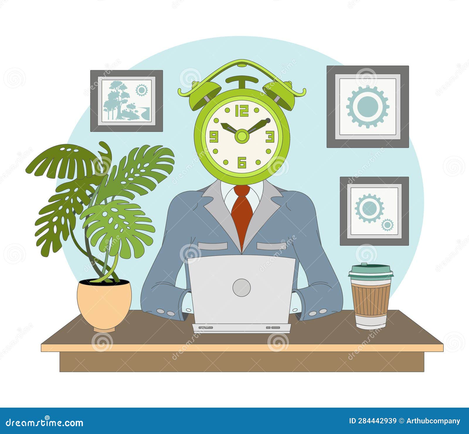 Cartoon Worker with Clock Head Working on Laptop in Office. Effective ...