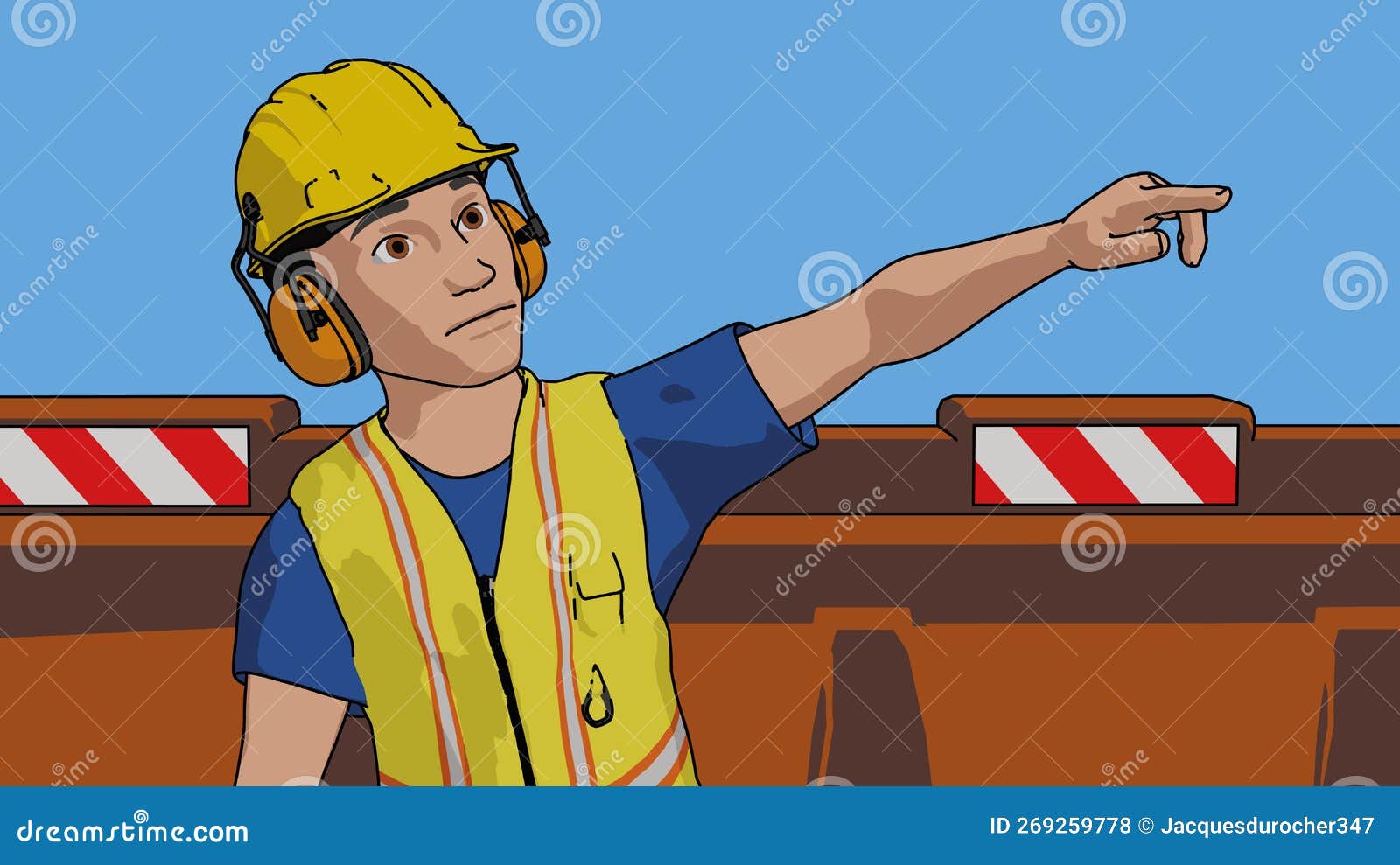 Cartoon Worker Man at Work Yellow Bib and Hard Hat Construction Site ...