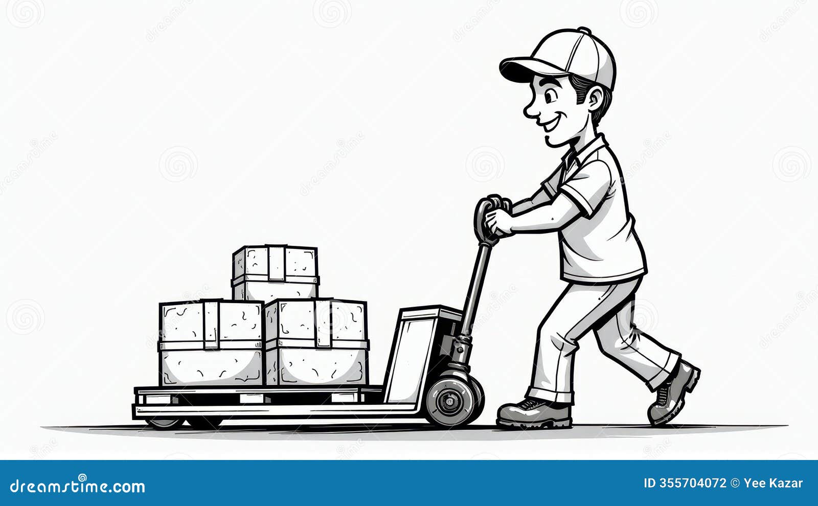 Cartoon Worker Moving Boxes with Pallet Jack Stock Illustration ...