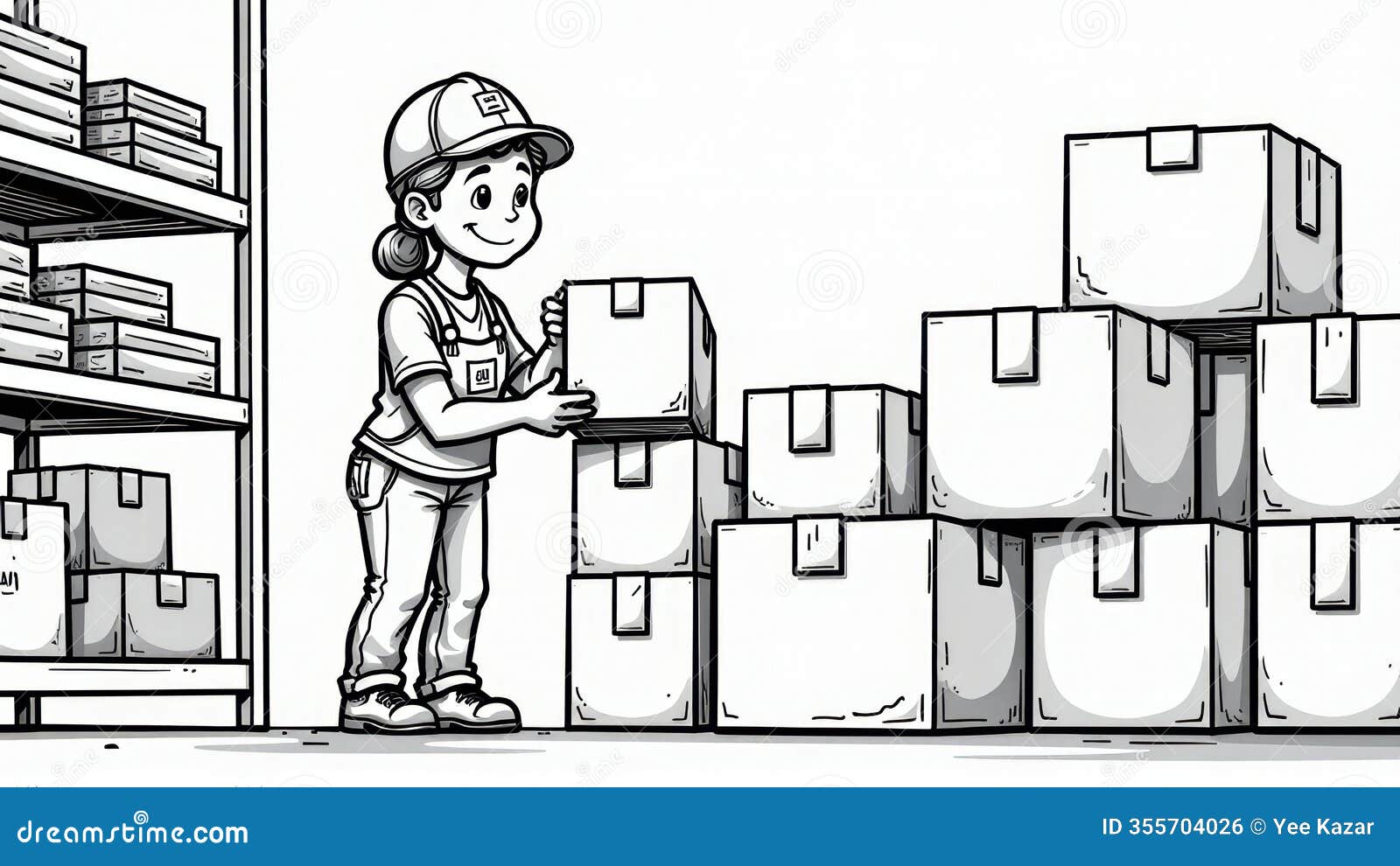 Cartoon Worker Packing Boxes in Warehouse Stock Illustration ...