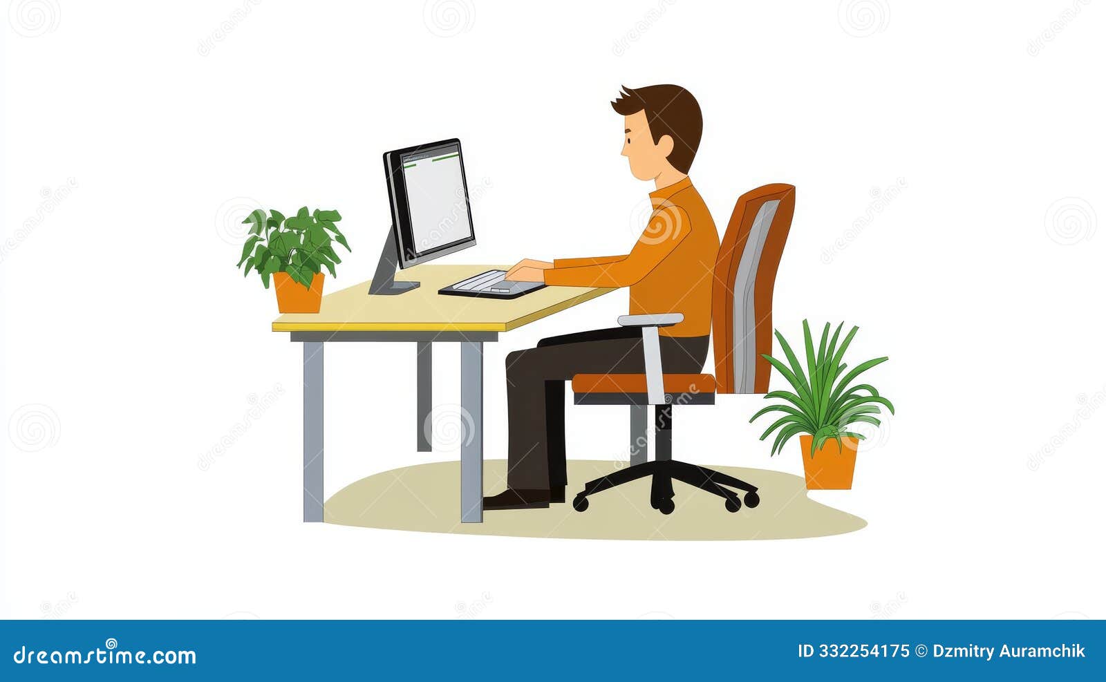 A Cartoon Worker Sits at His Desk with a Correct Posture for a Healthy ...