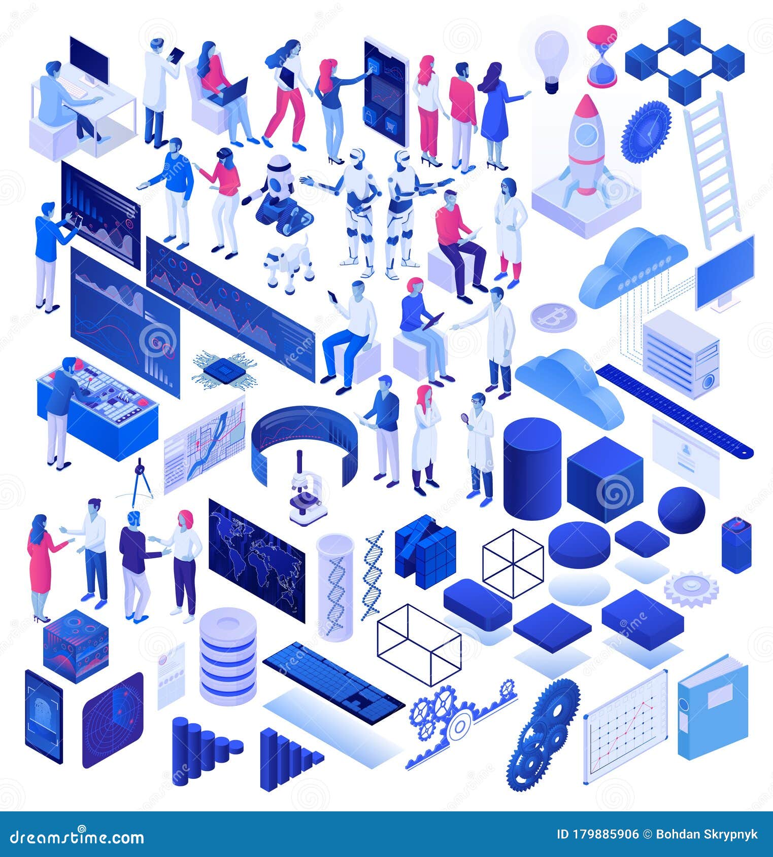 Cartoon Working Science and Hi Tech People Isometric Vector Graphic ...