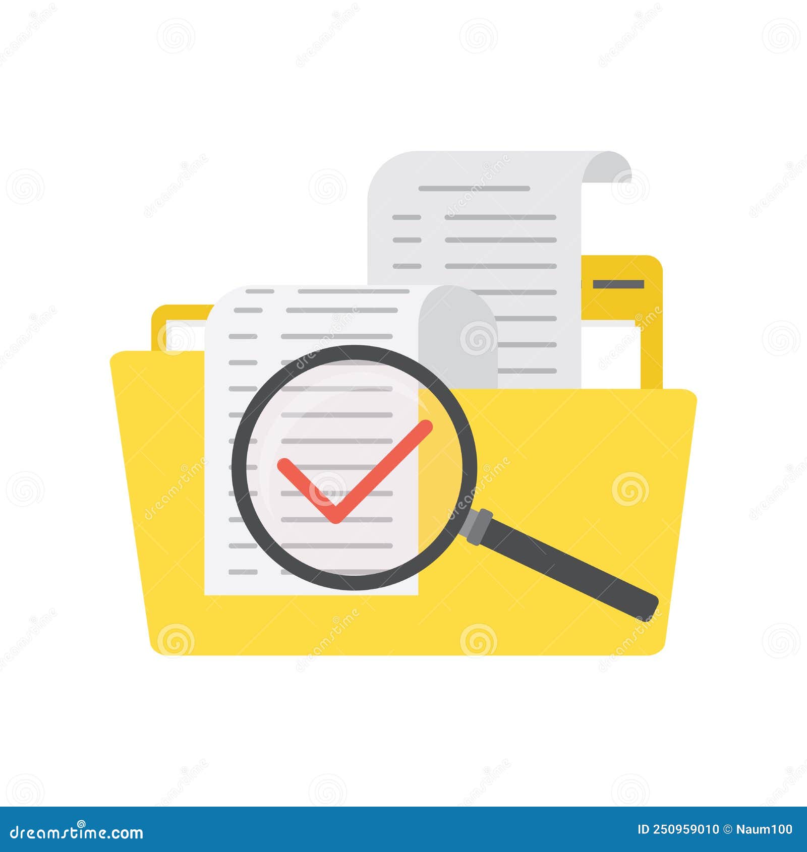 Cartoon Yellow Folder with Documents, File Searching. Big Magnifying ...