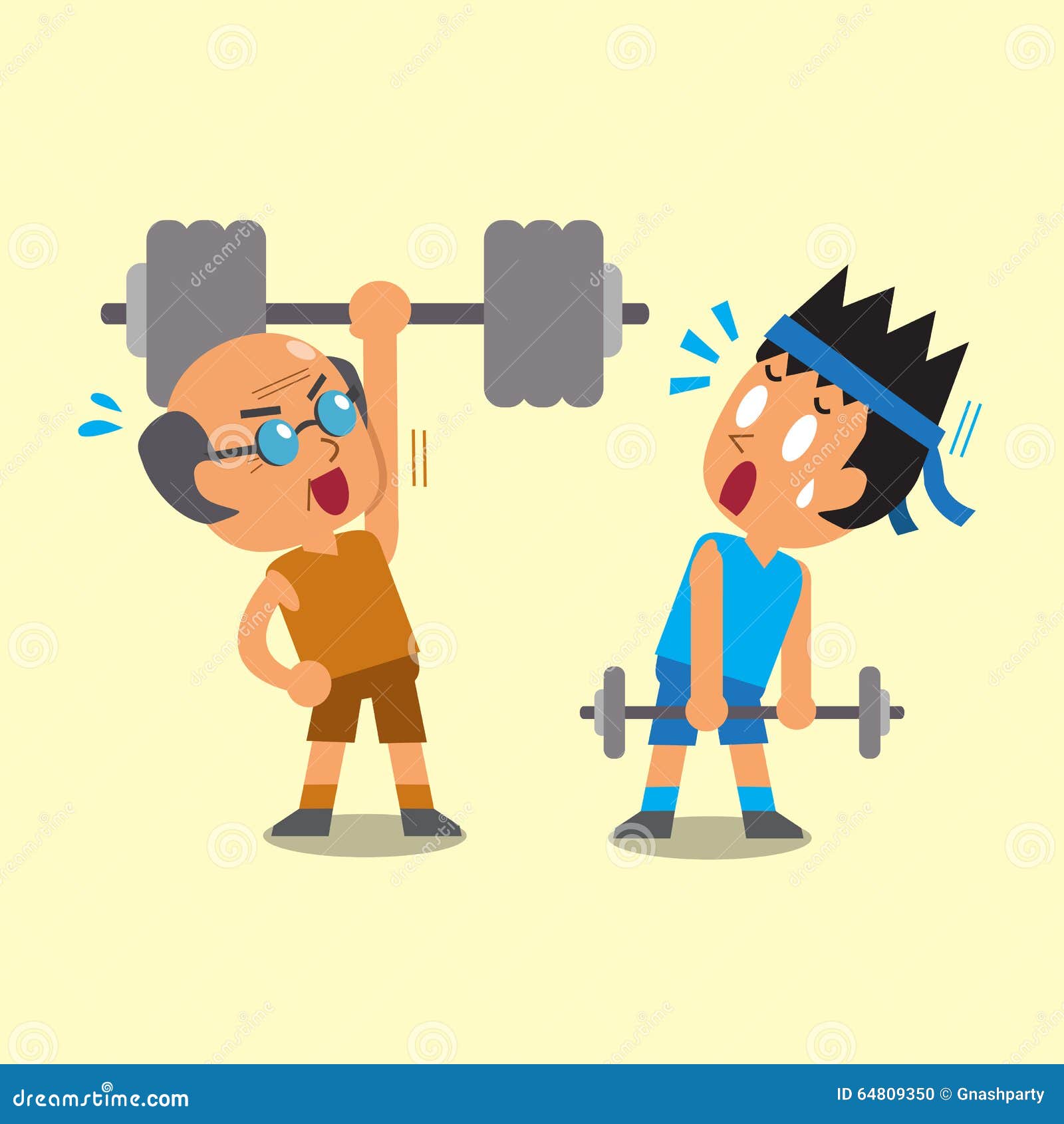 Cartoon Young Man And Old Man Doing Weight Training Vector Illustration ...