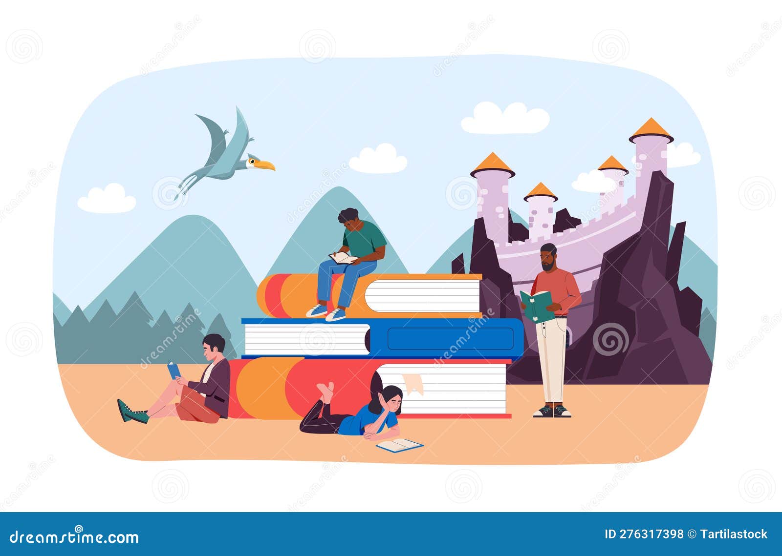 Cartoon Young People Read Stack of Books Stock Vector - Illustration of ...