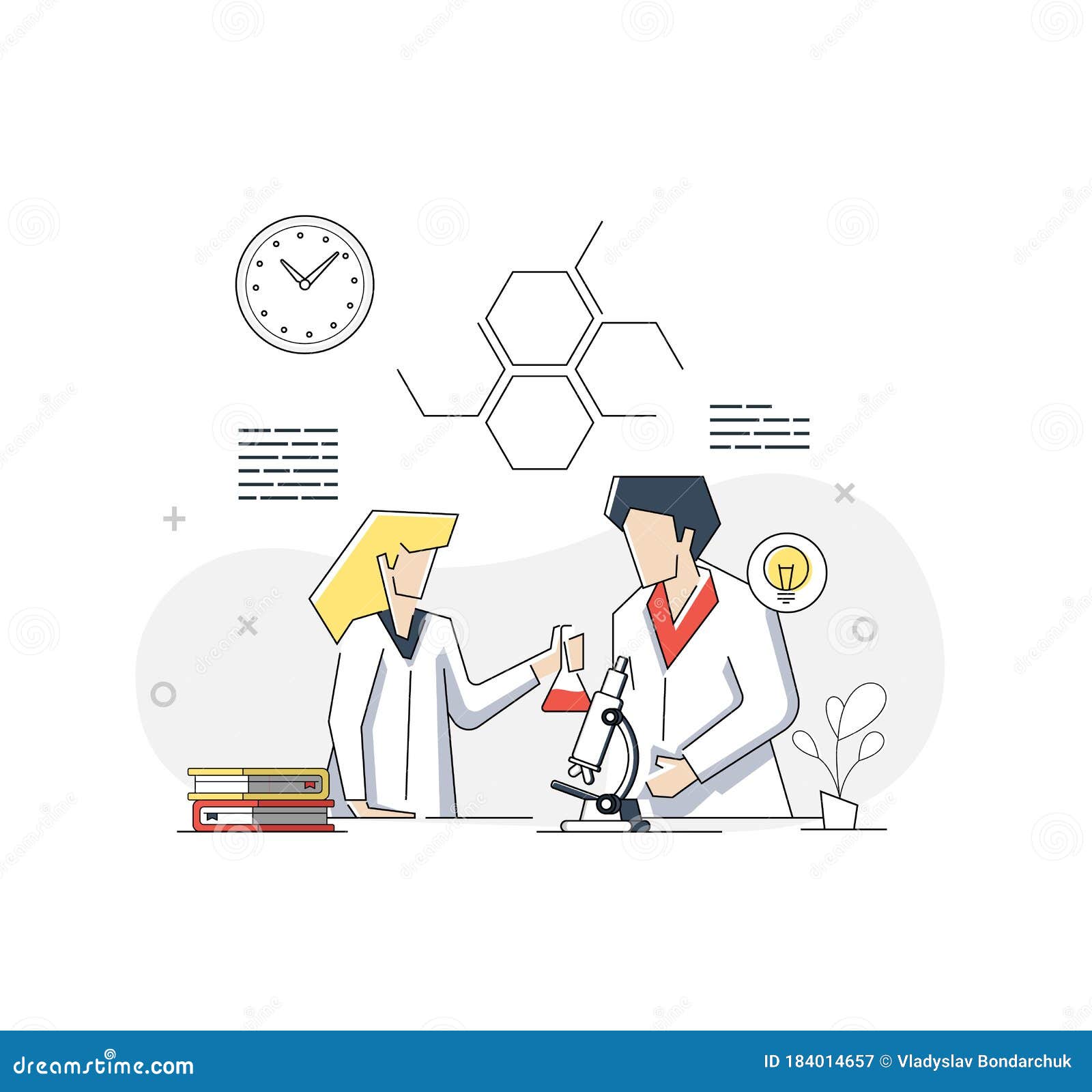 Cartoon of Young Scientists Doing Research in a Laboratory on Blue ...