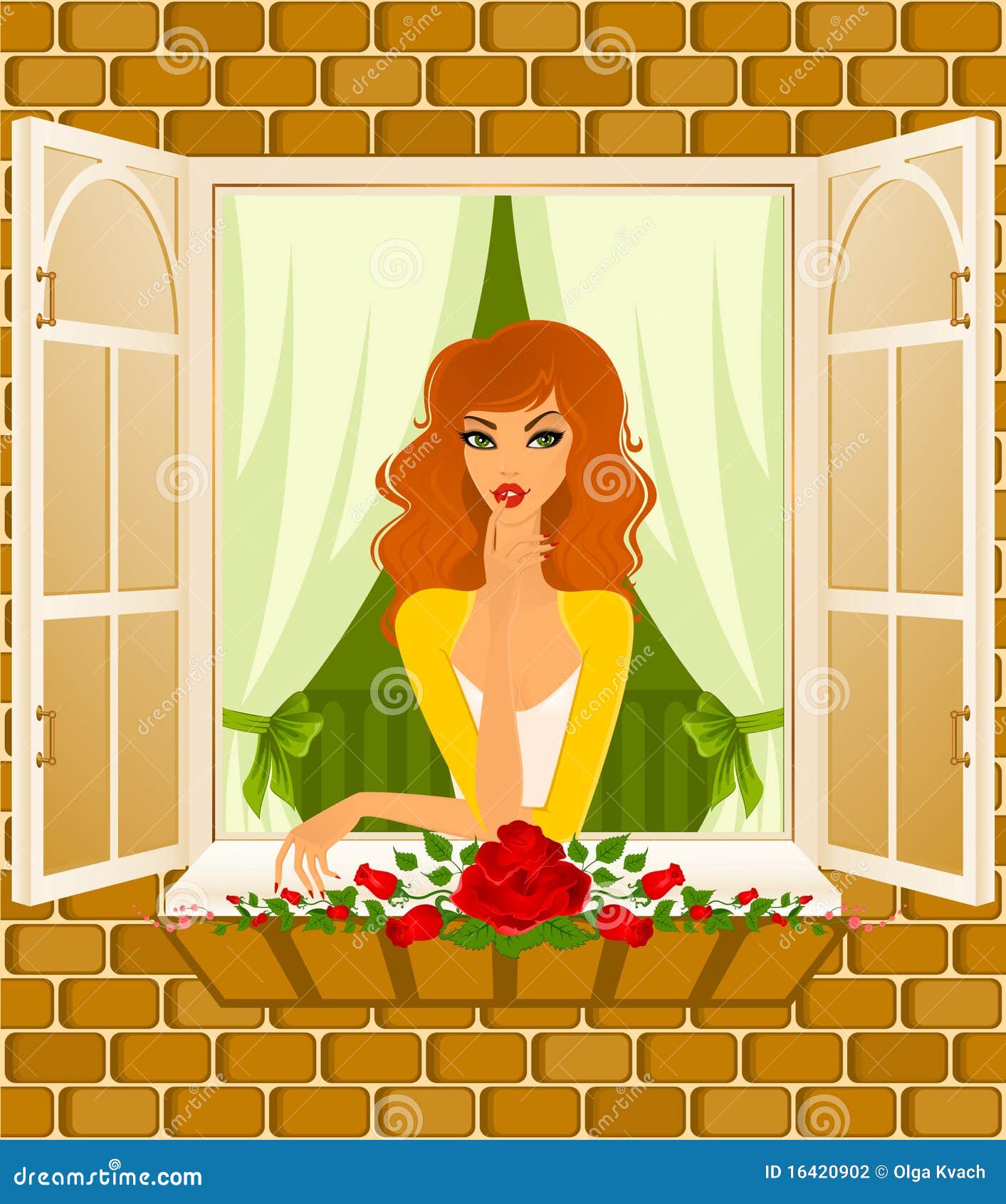Cartoon Young Woman Waits at a Window Stock Vector - Illustration of ...