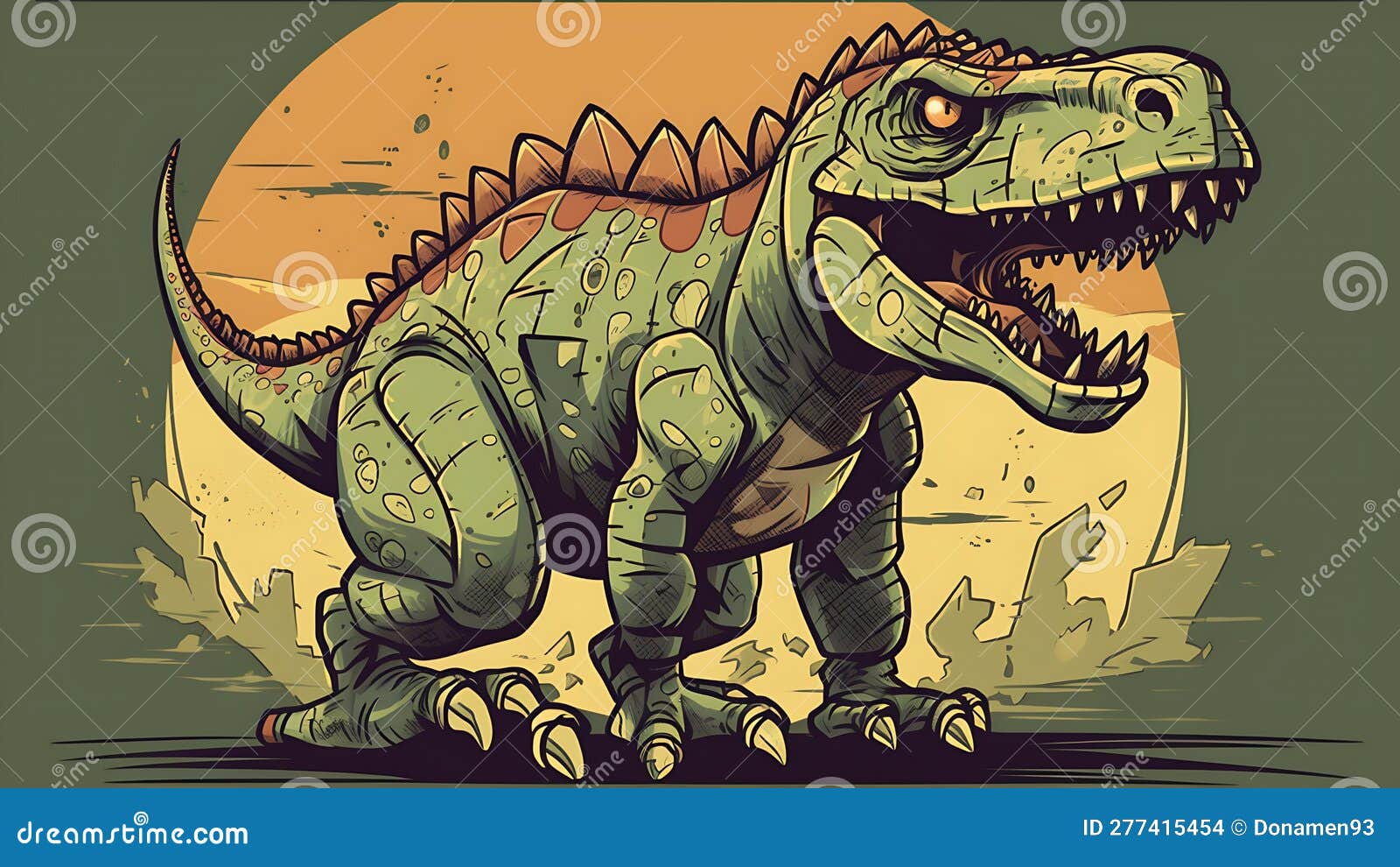 Jurassic World Cartoon Action Green Color Dinosaur In Sunset Art ...
