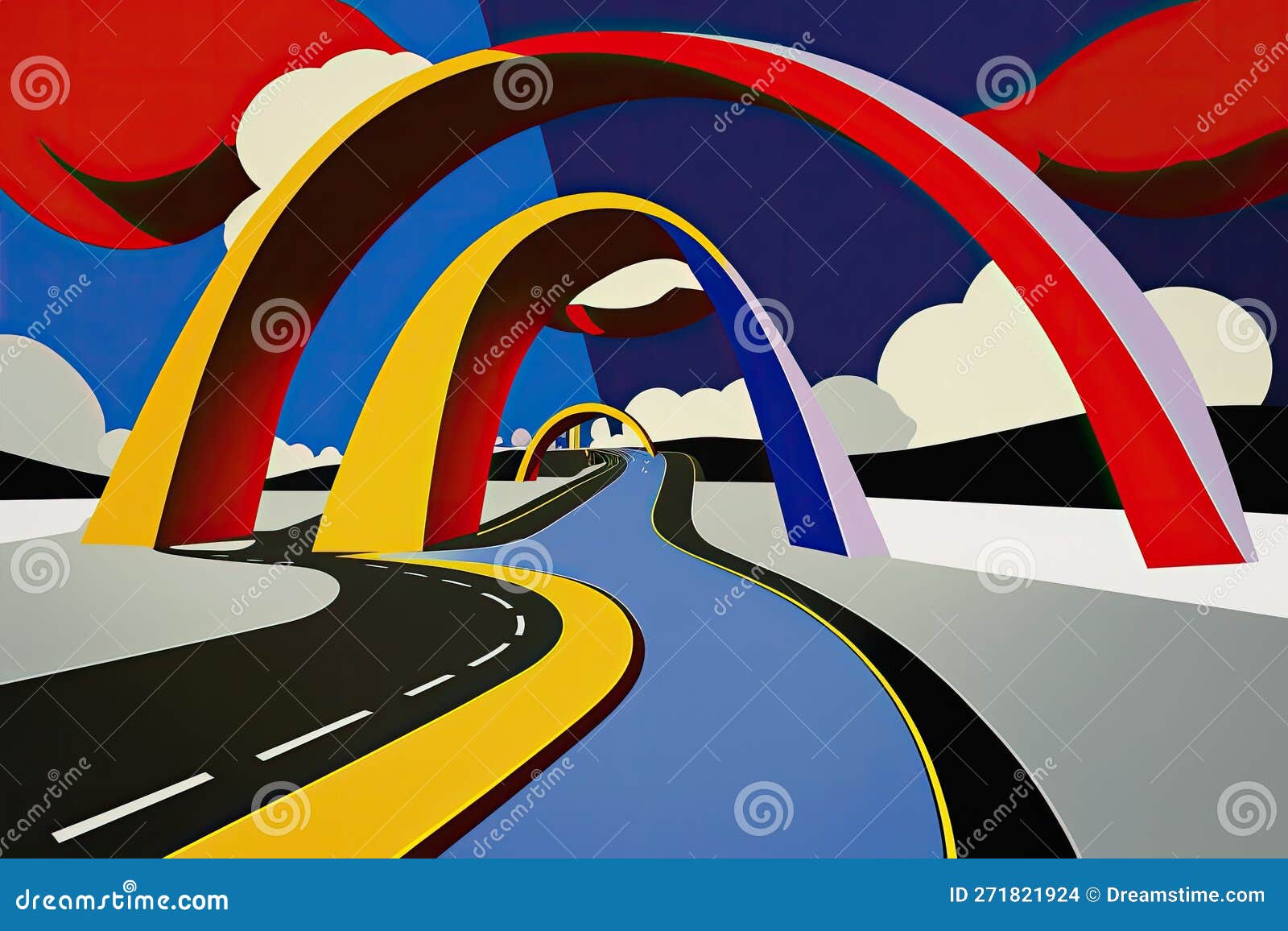 Cartoonish Arc of Color with Paved Highway Stock Illustration ...