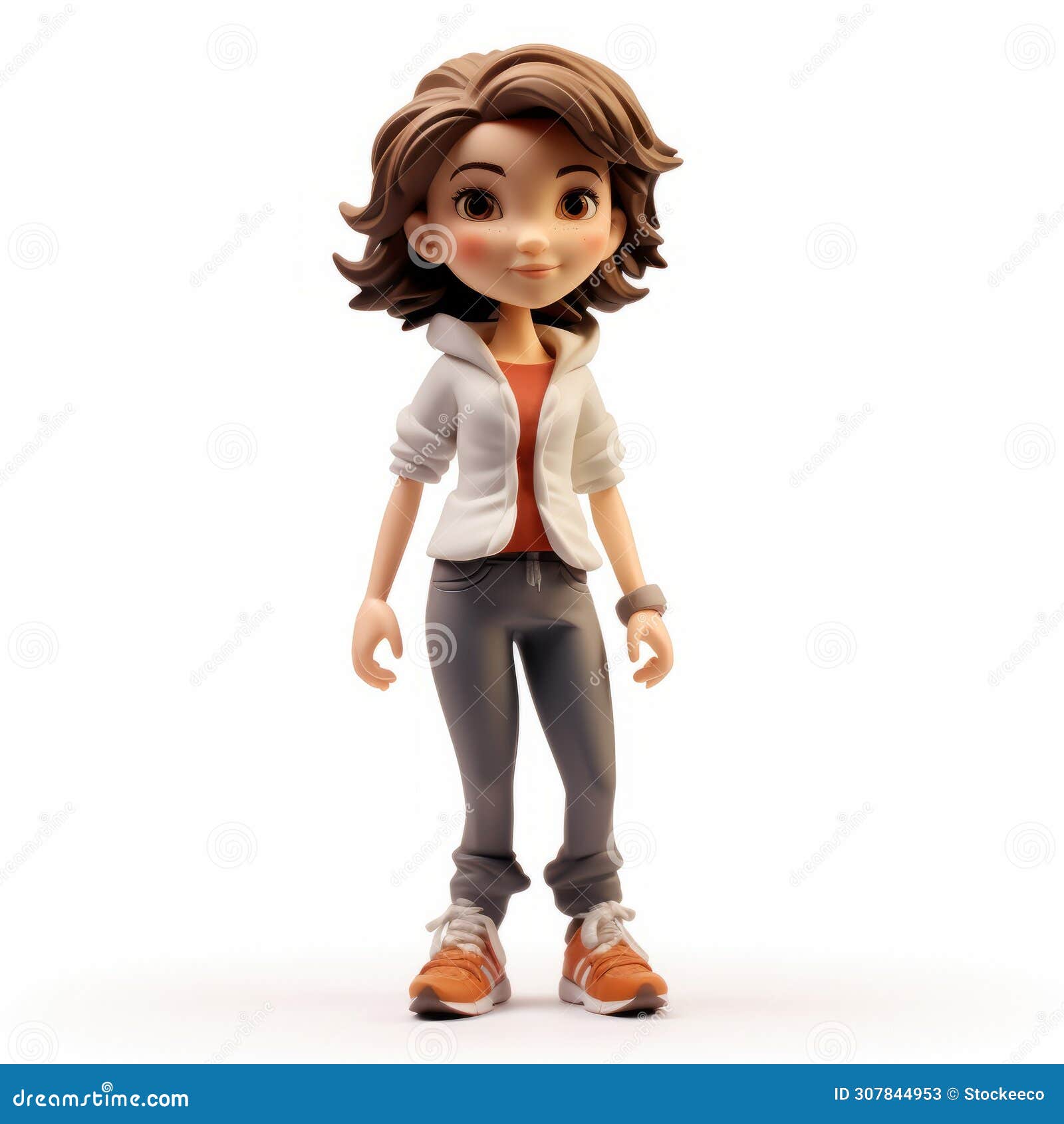 Cartoonish 3d Model Of A Girl Walking On White Background Stock