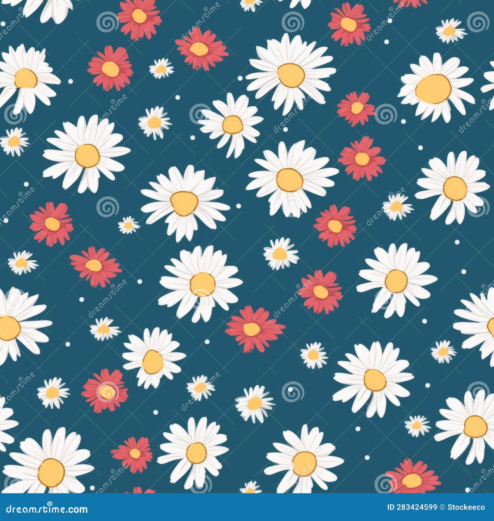 Cartoonish Daisy Vector Pattern in Dark Teal and Light Red Stock ...
