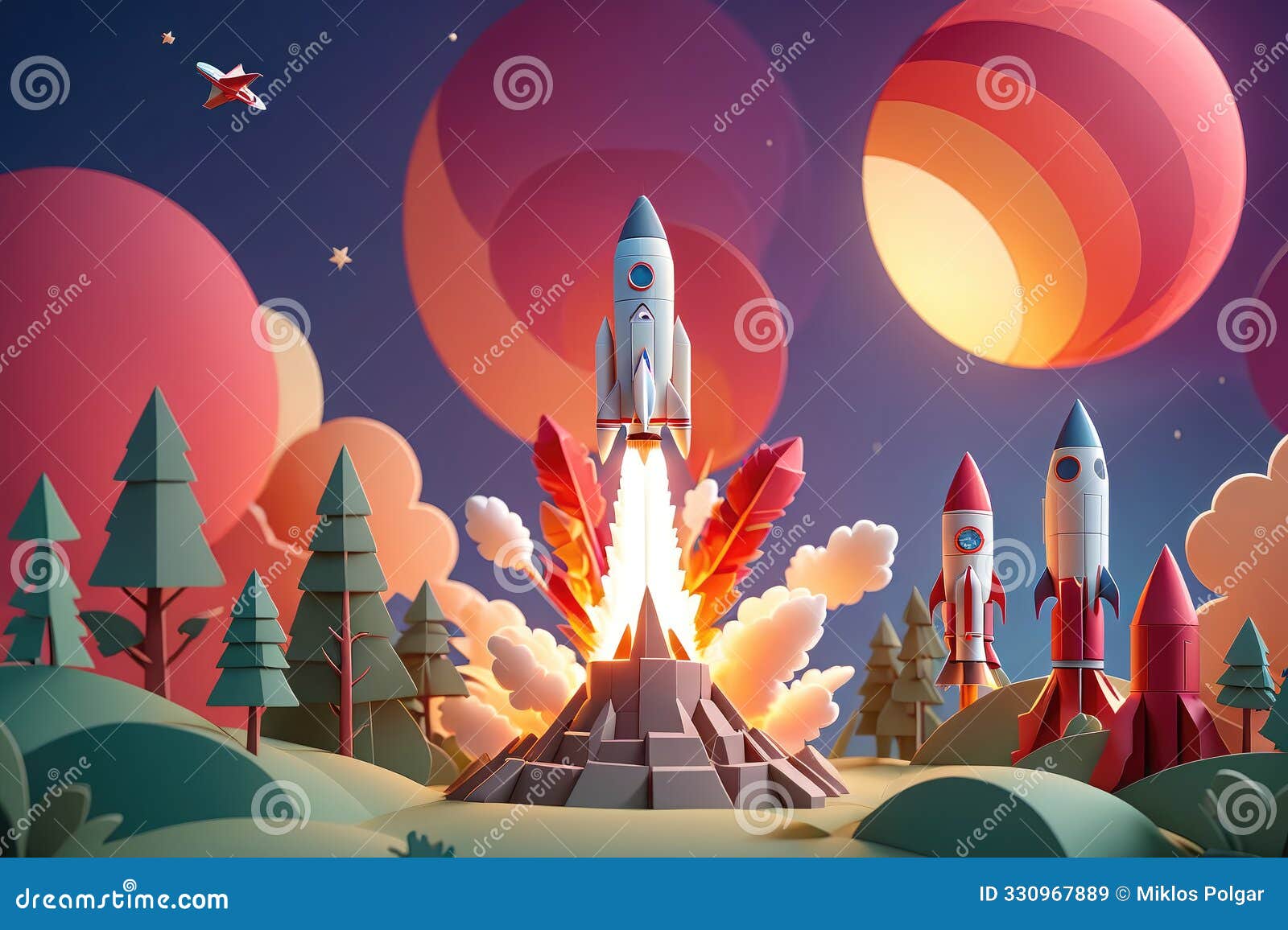 A Cartoonish Drawing of a Rocket Launch with a Red Stock Illustration ...